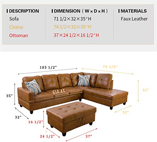 A Ainehome L-Shape Sectional Sofa Set, Ginger, Right Hand Facing, Tufted Leather, Storage Ottoman, Toss Pillows