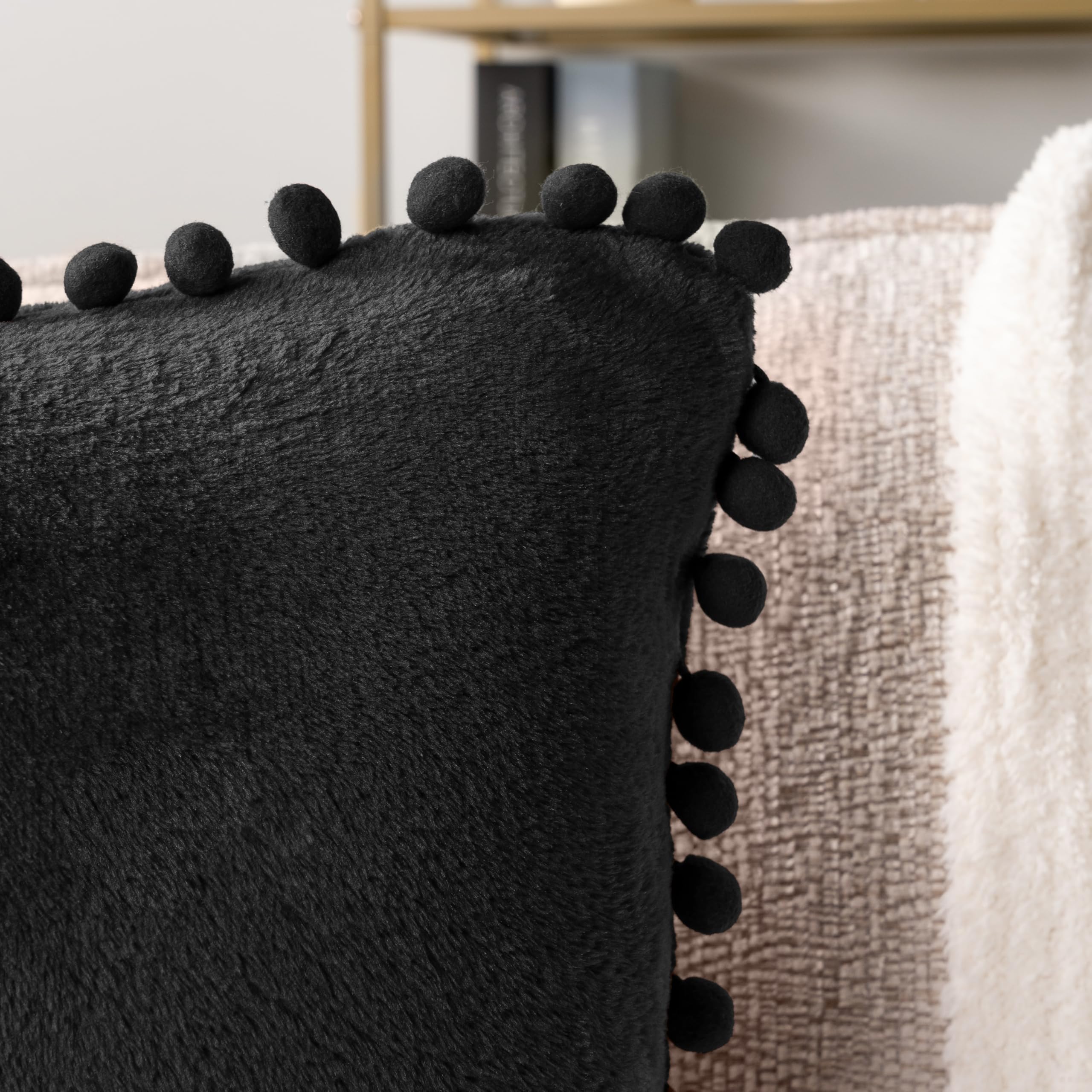 PAVILIA Black Throw Pillow Covers with Pom Pom 18x18 Set of 2, Decorative Pillow Cases for Bedroom Aesthetic, Small Throw Pillows Set for Bed, Velvet Euro Plush Cushion Covers for Sofa Couch