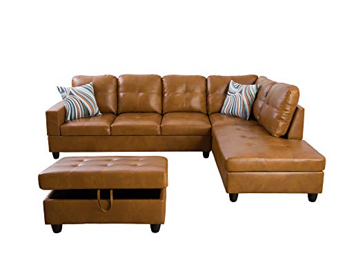 A Ainehome L-Shape Sectional Sofa Set, Ginger, Right Hand Facing, Tufted Leather, Storage Ottoman, Toss Pillows