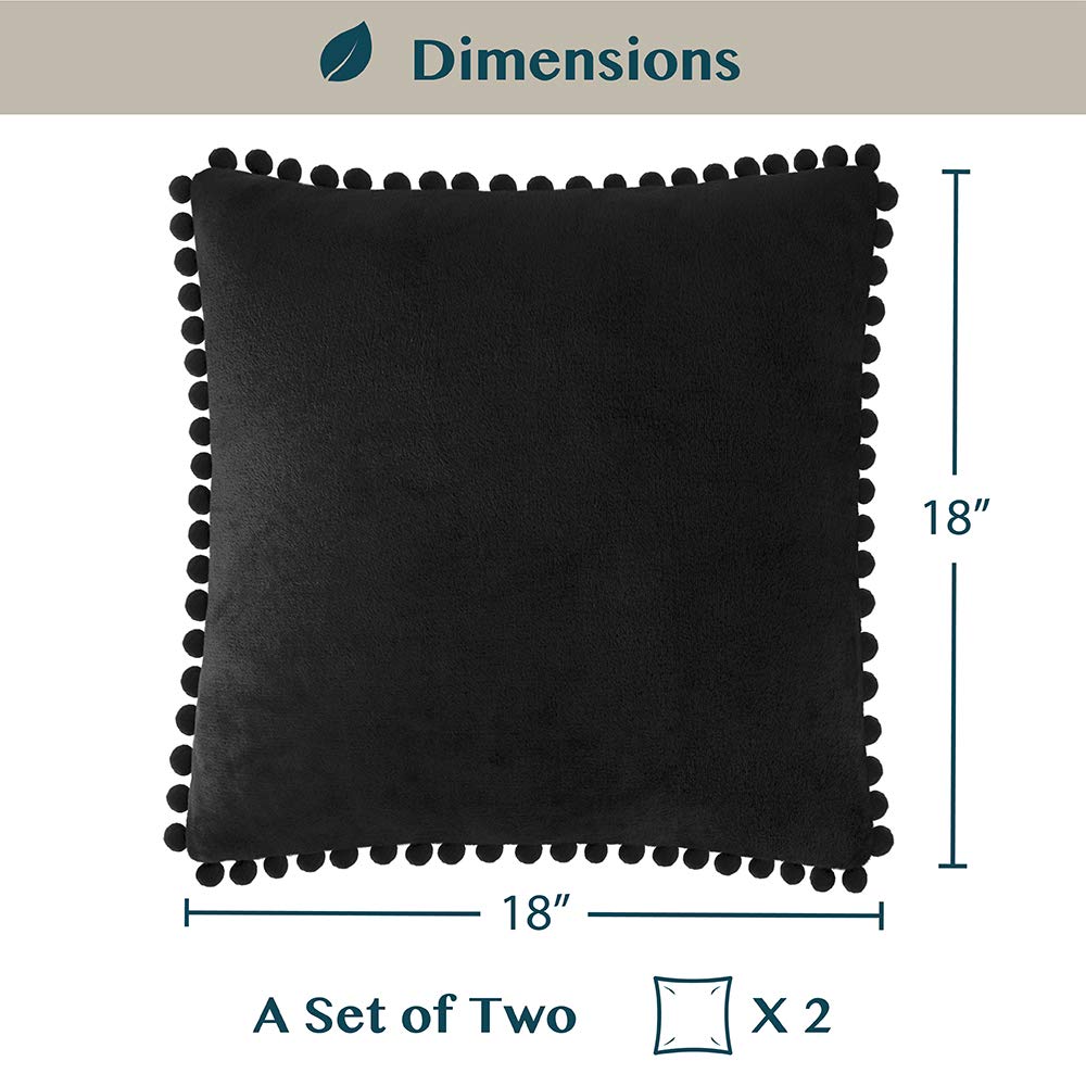 PAVILIA Black Throw Pillow Covers with Pom Pom 18x18 Set of 2, Decorative Pillow Cases for Bedroom Aesthetic, Small Throw Pillows Set for Bed, Velvet Euro Plush Cushion Covers for Sofa Couch