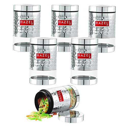 HAZEL Stainless Steel Hammered Finish Transparent Glossy See Through Container, Set of 6, 700 ML Each, Silver