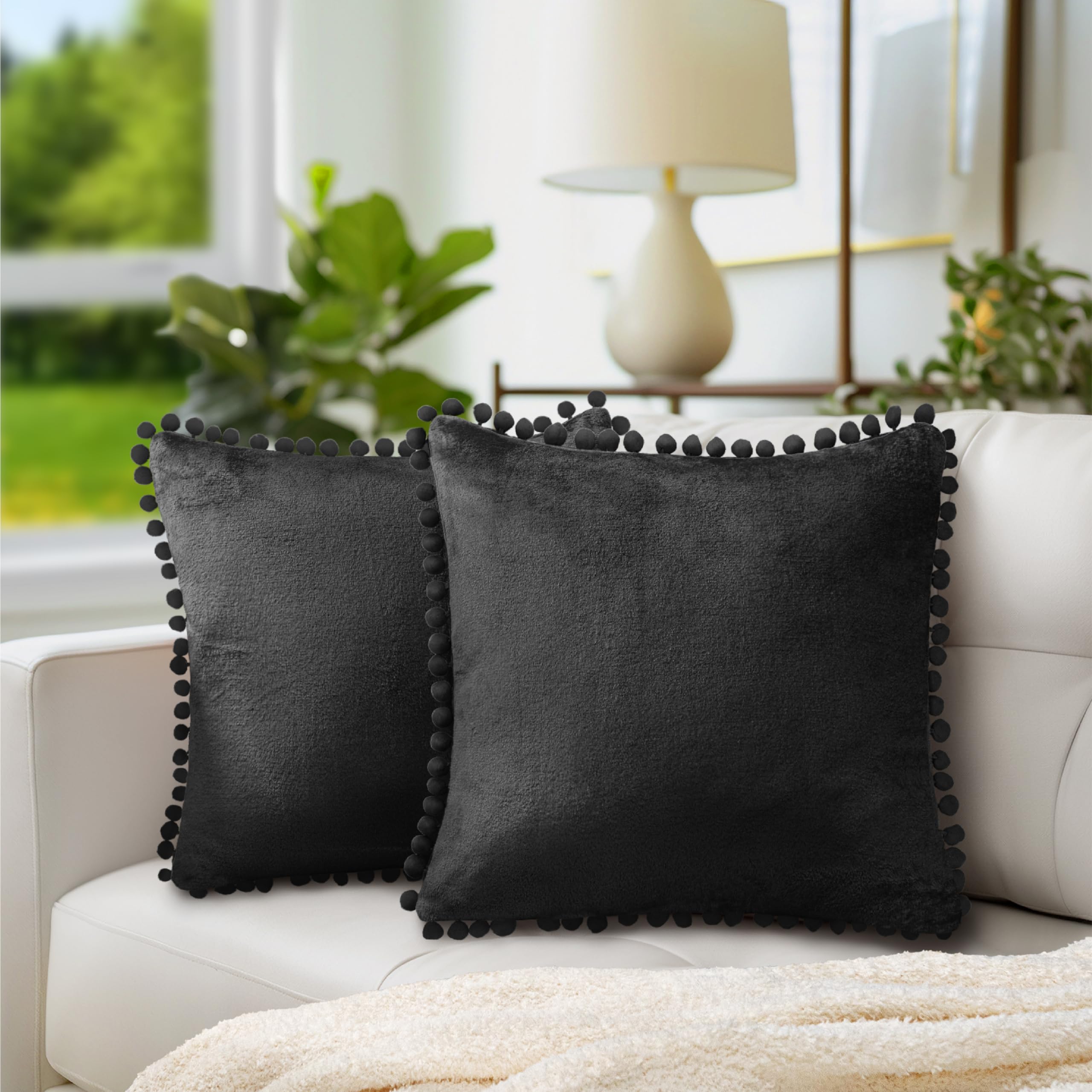 PAVILIA Black Throw Pillow Covers with Pom Pom 18x18 Set of 2, Decorative Pillow Cases for Bedroom Aesthetic, Small Throw Pillows Set for Bed, Velvet Euro Plush Cushion Covers for Sofa Couch