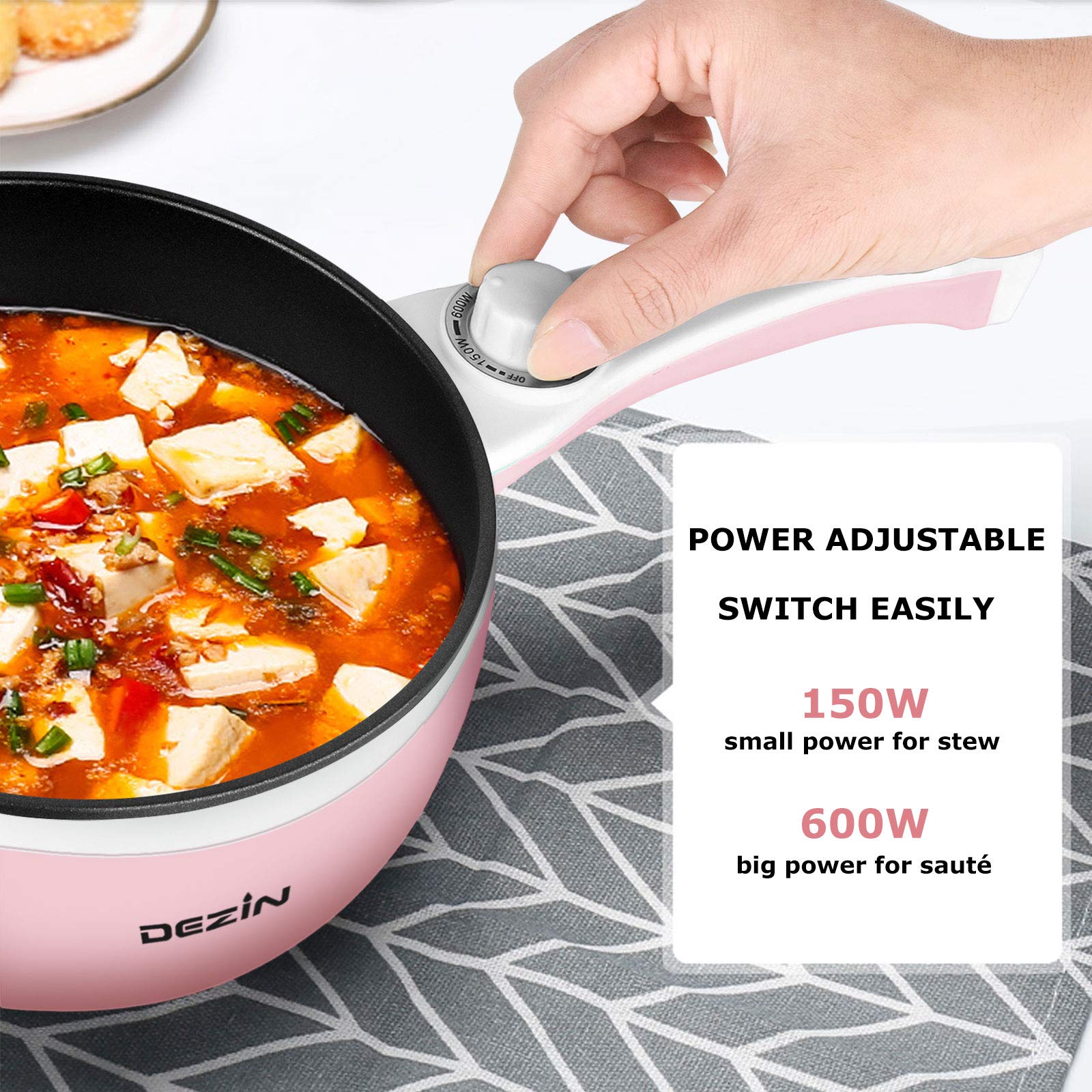 Dezin Hot Pot Electric Upgraded, Non-Stick Sauté Pan, Rapid Noodles Electric Pot, 1.5L Mini Portable Hot Pot for Steak, Egg, Fried Rice, Ramen, Oatmeal, Soup with Power Adjustment