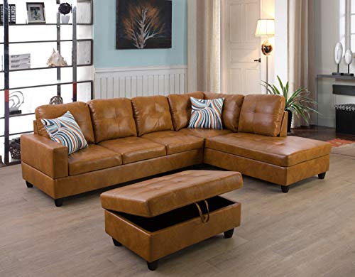 A Ainehome L-Shape Sectional Sofa Set, Ginger, Right Hand Facing, Tufted Leather, Storage Ottoman, Toss Pillows