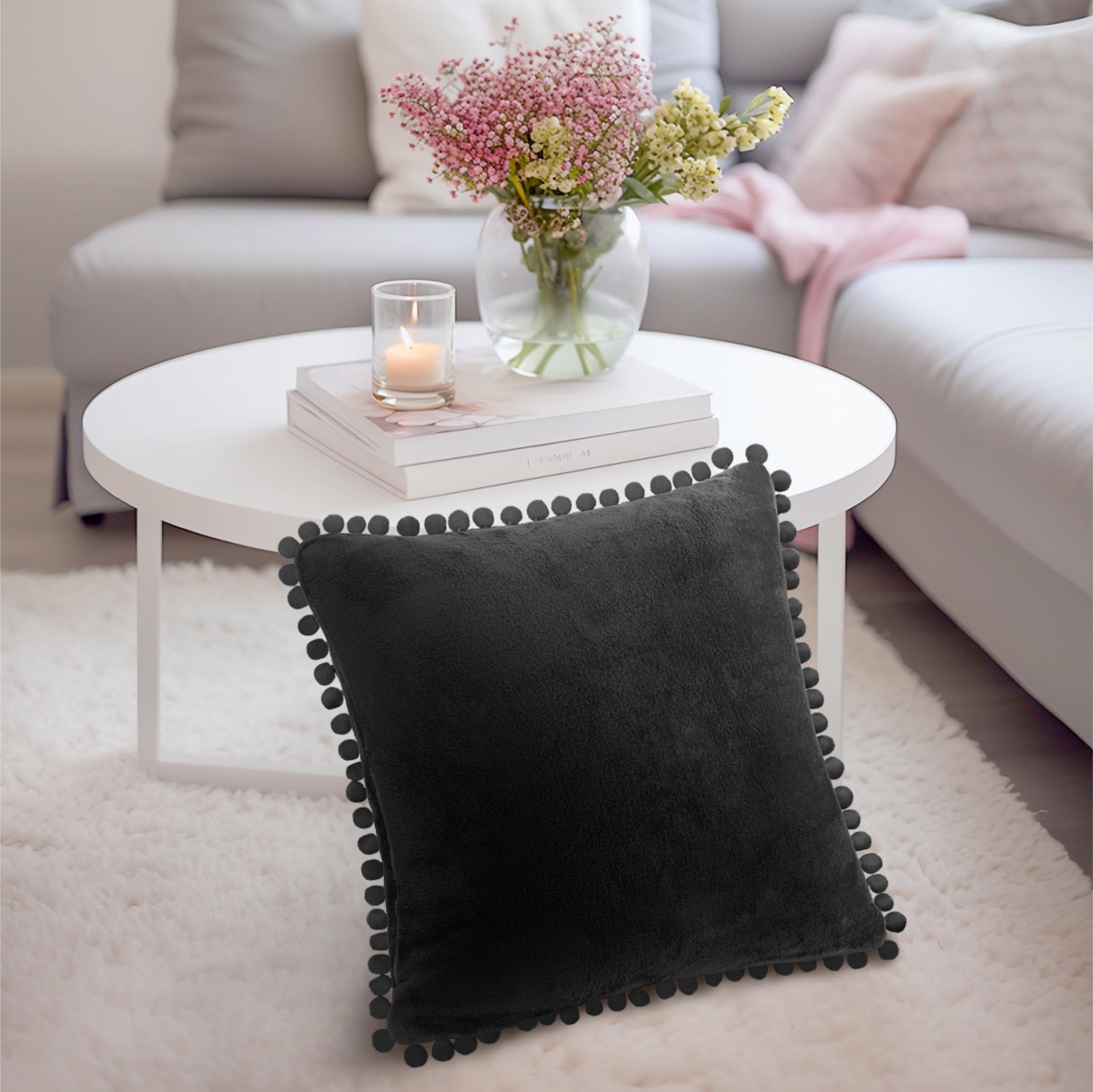 PAVILIA Black Throw Pillow Covers with Pom Pom 18x18 Set of 2, Decorative Pillow Cases for Bedroom Aesthetic, Small Throw Pillows Set for Bed, Velvet Euro Plush Cushion Covers for Sofa Couch