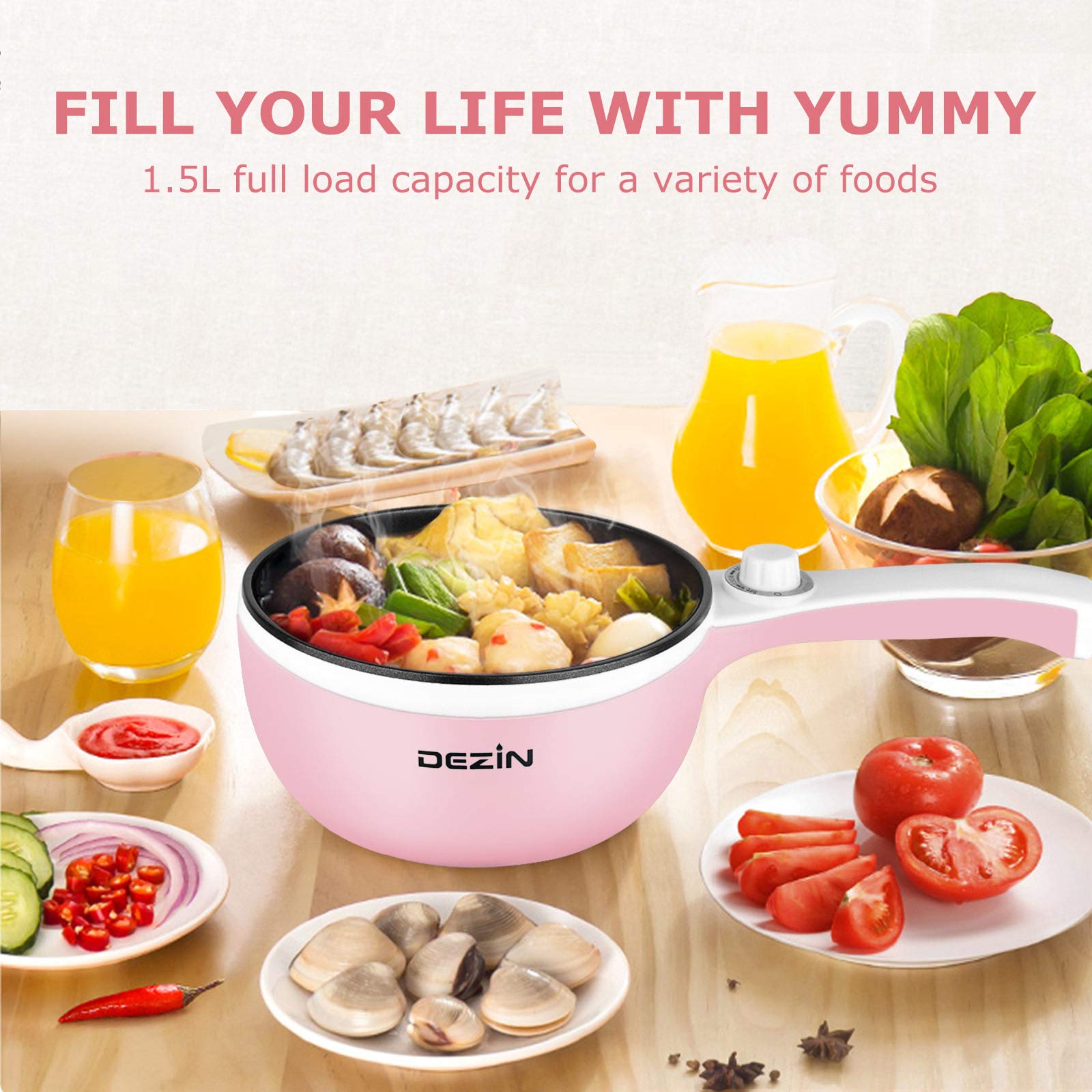 Dezin Hot Pot Electric Upgraded, Non-Stick Sauté Pan, Rapid Noodles Electric Pot, 1.5L Mini Portable Hot Pot for Steak, Egg, Fried Rice, Ramen, Oatmeal, Soup with Power Adjustment