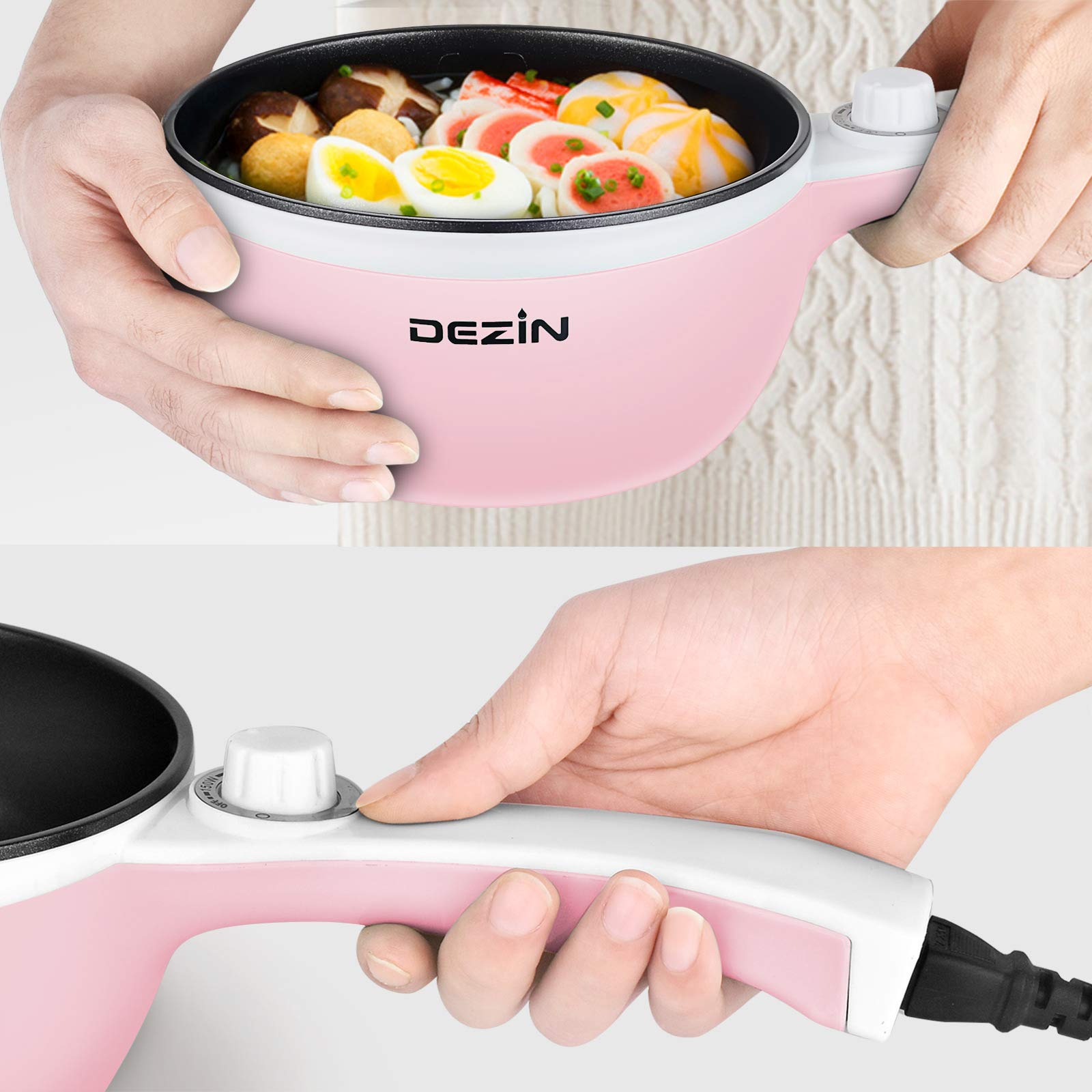 Dezin Hot Pot Electric Upgraded, Non-Stick Sauté Pan, Rapid Noodles Electric Pot, 1.5L Mini Portable Hot Pot for Steak, Egg, Fried Rice, Ramen, Oatmeal, Soup with Power Adjustment