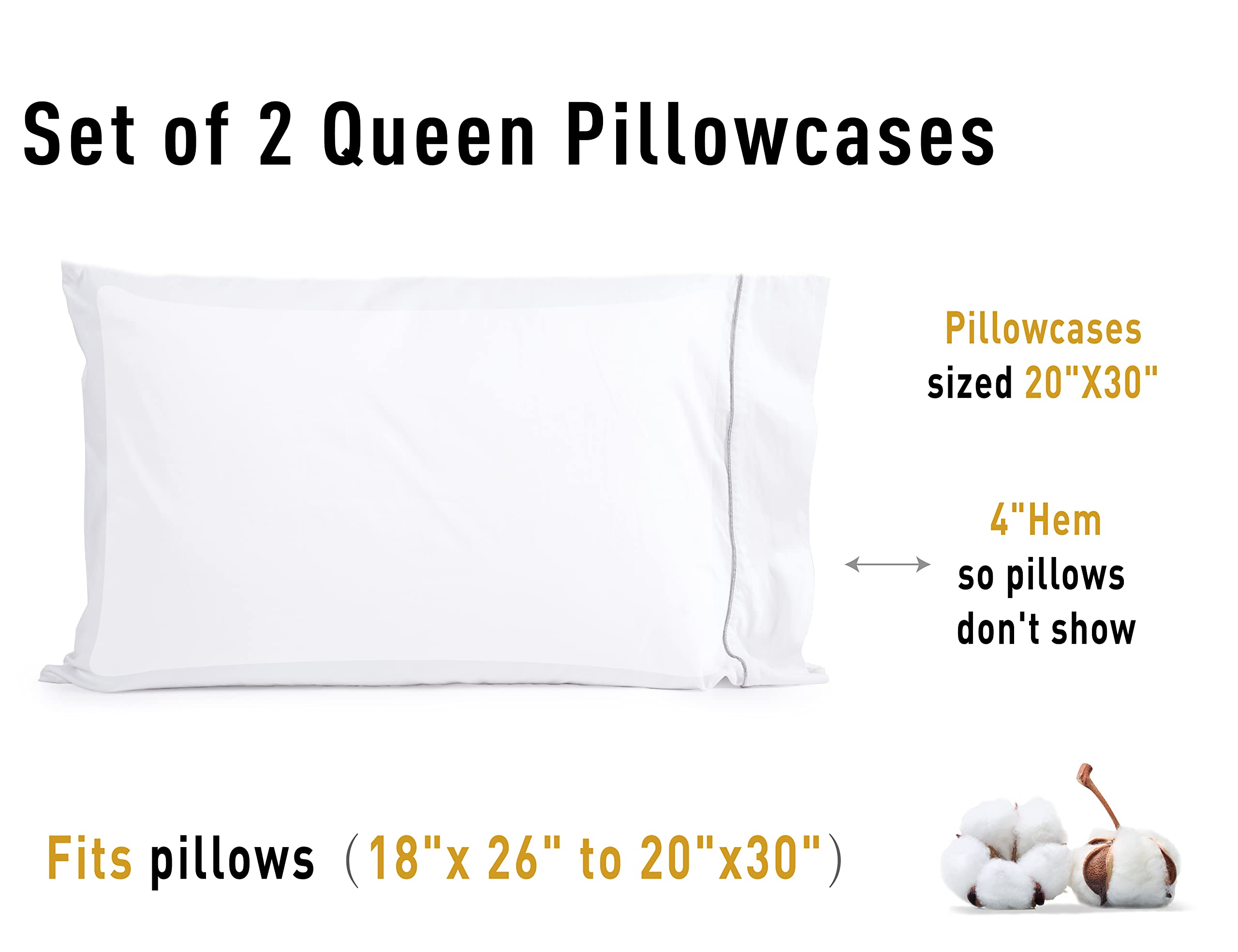 Sunflower Pillow Cases Queen Set of 2, 100% Cotton Queen Pillowcases, 20×30 inches with Silver Trim, Soft and Breathable, White
