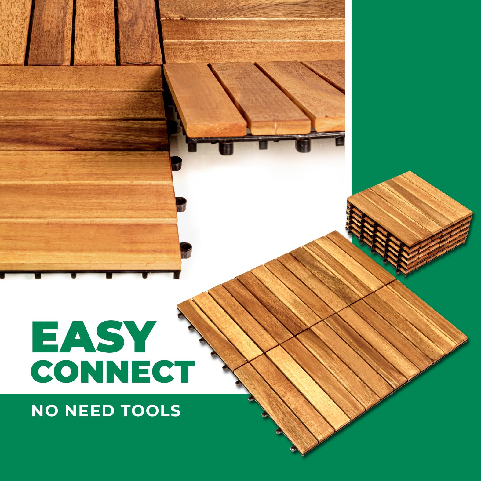 Deck Tile (Pack of 10, 12"x12") Hardwood Deck Tile, Interlocking Patio Tile in Solid Acacia Wooden Oiled Finish Waterproof All Weather Perfect for Indoor Outdoor 6 Slat (Acacia Wood- 10 Pcs, 6 Slat)