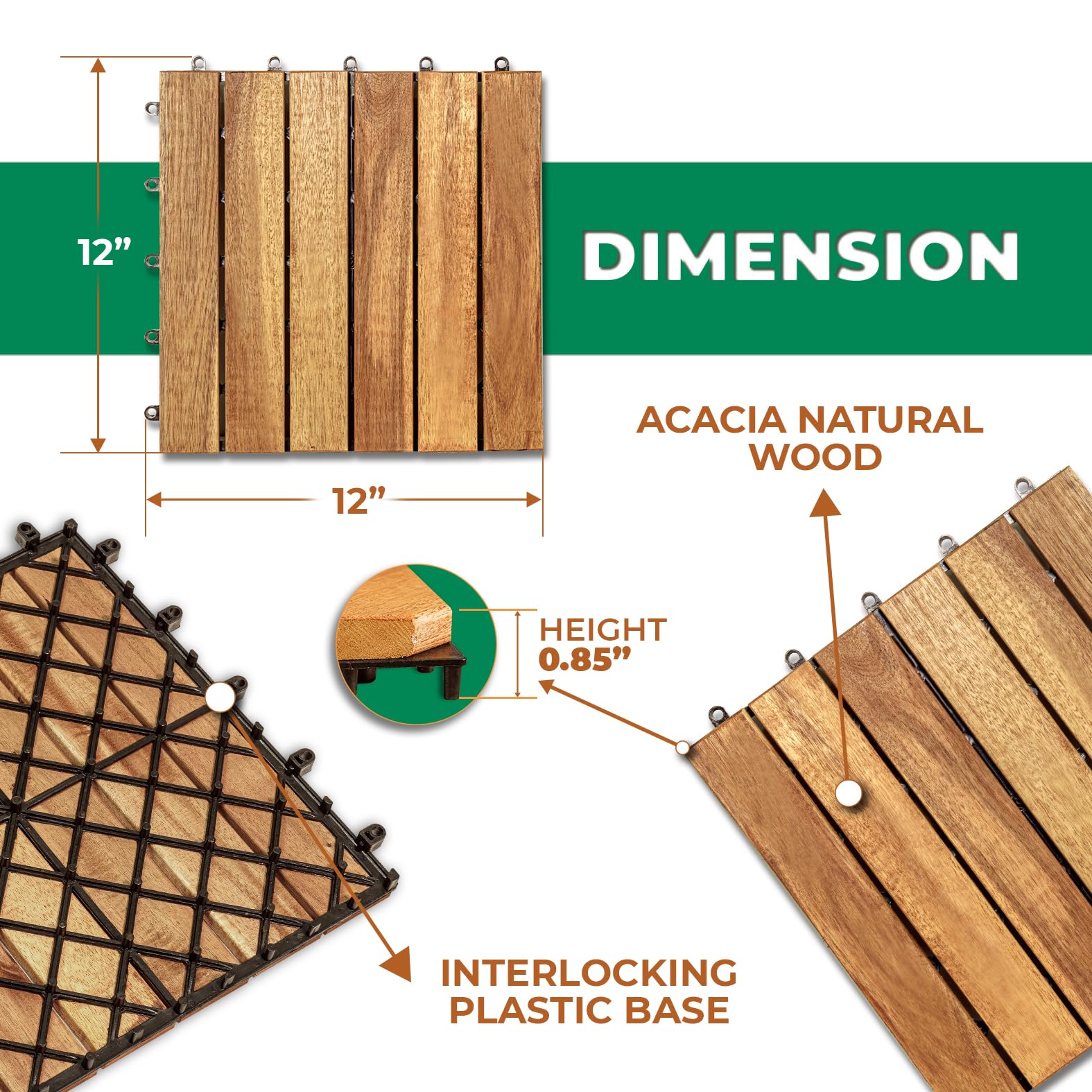 Deck Tile (Pack of 10, 12"x12") Hardwood Deck Tile, Interlocking Patio Tile in Solid Acacia Wooden Oiled Finish Waterproof All Weather Perfect for Indoor Outdoor 6 Slat (Acacia Wood- 10 Pcs, 6 Slat)