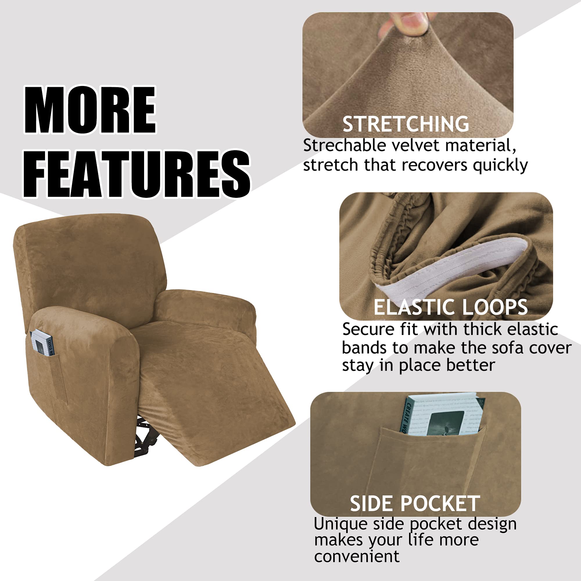 4 Pieces Stretch Velvet Recliner Chair Covers, Thick & Soft Lazy Boy Recliner Slipcover for Home Theater Seating with Side Pocket