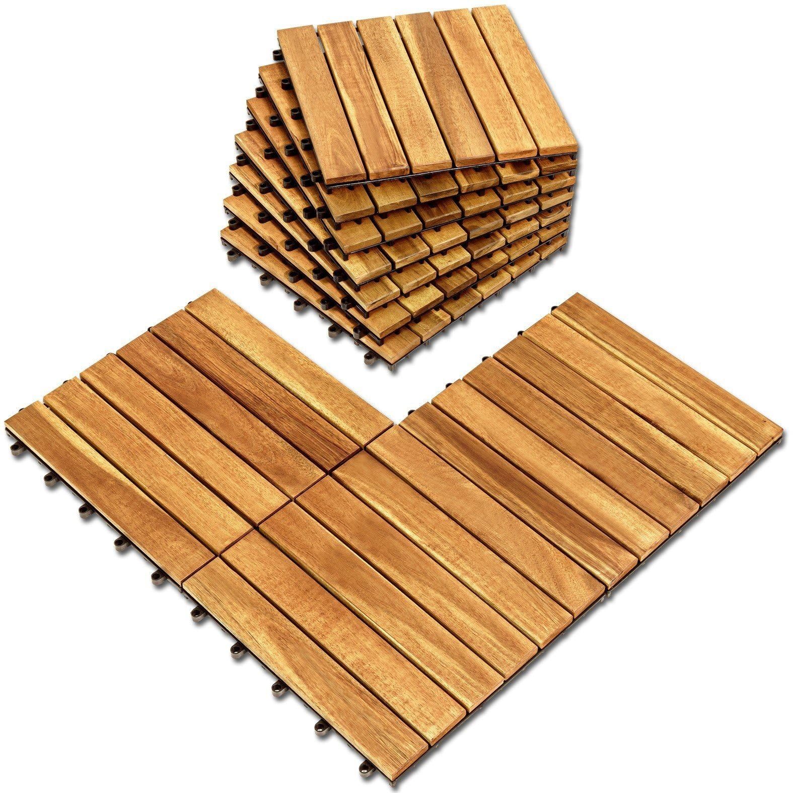 Deck Tile (Pack of 10, 12"x12") Hardwood Deck Tile, Interlocking Patio Tile in Solid Acacia Wooden Oiled Finish Waterproof All Weather Perfect for Indoor Outdoor 6 Slat (Acacia Wood- 10 Pcs, 6 Slat)