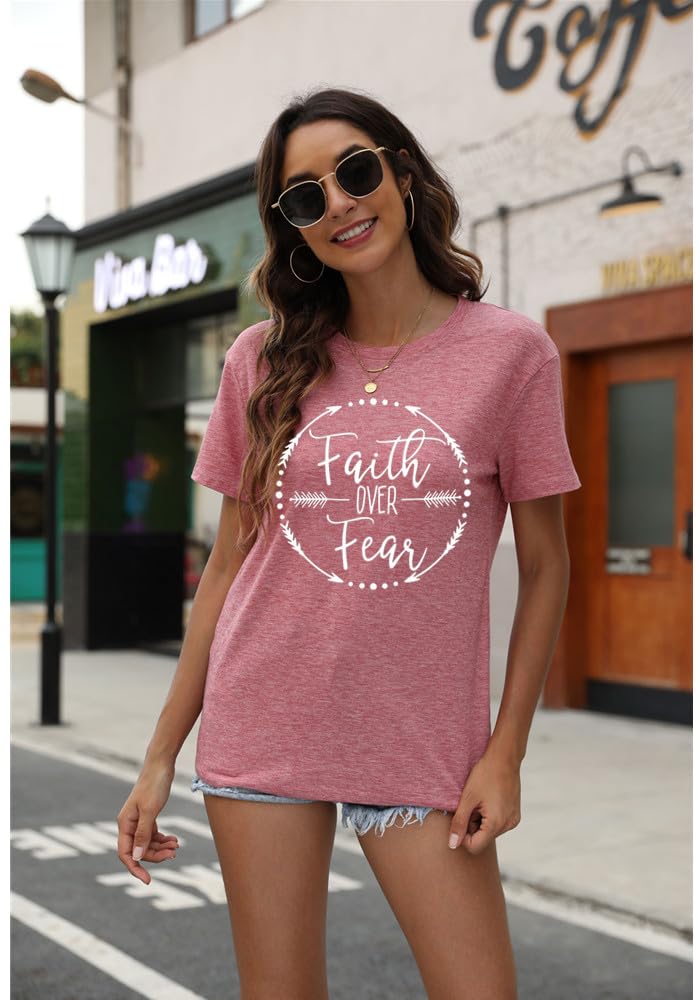 Qrupoad Womens Faith Over Fear T Shirt Summer Casual Christian Religious Inspirational Spiritual Graphic Tees Tops Pink