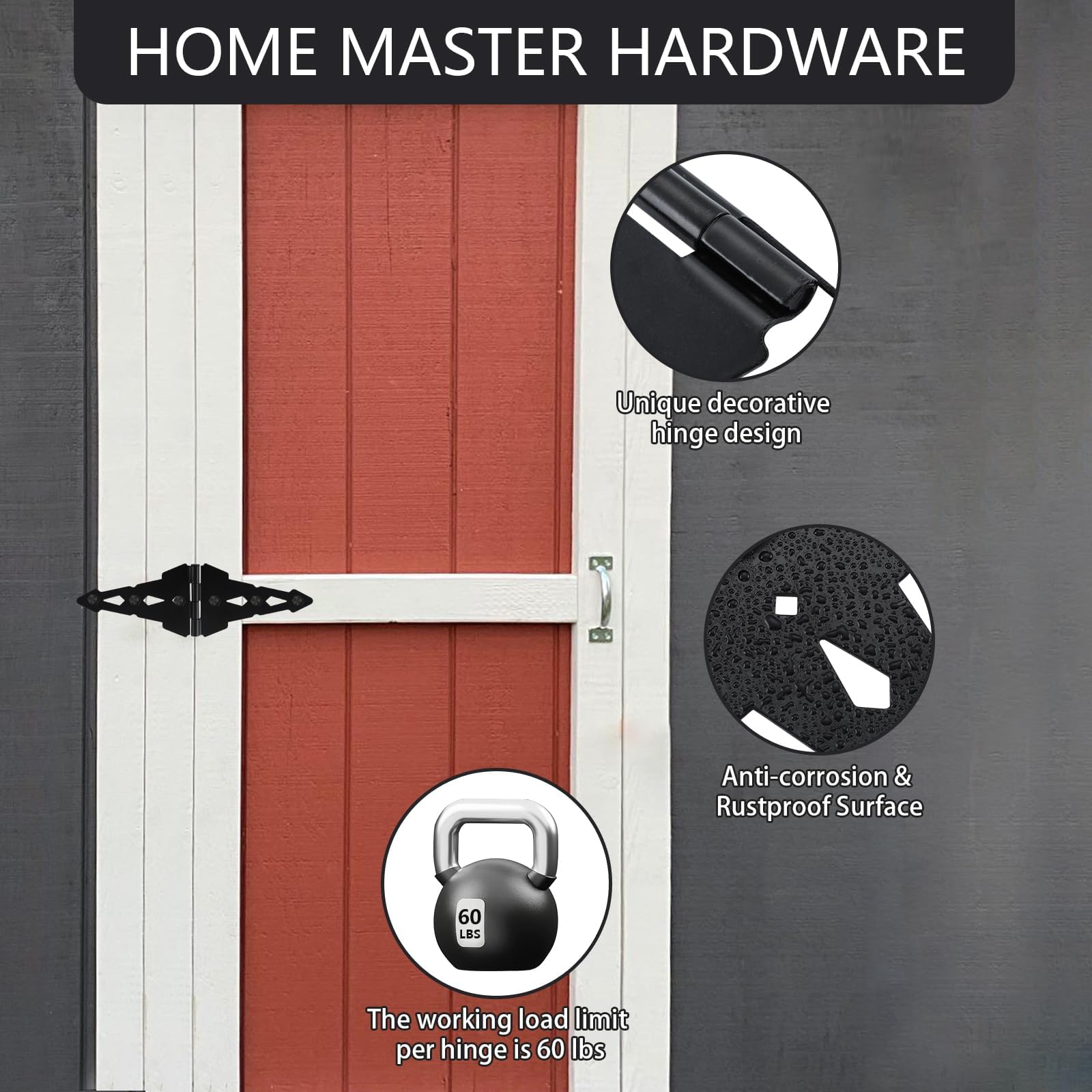 HOME MASTER HARDWARE 8 inch Gate Hinges,Heavy Duty gate Hinges,Wood Gate Hinges for Wooden Fences for patios, barn Doors, Yard gate,with Screws, Black, (6 Pack)