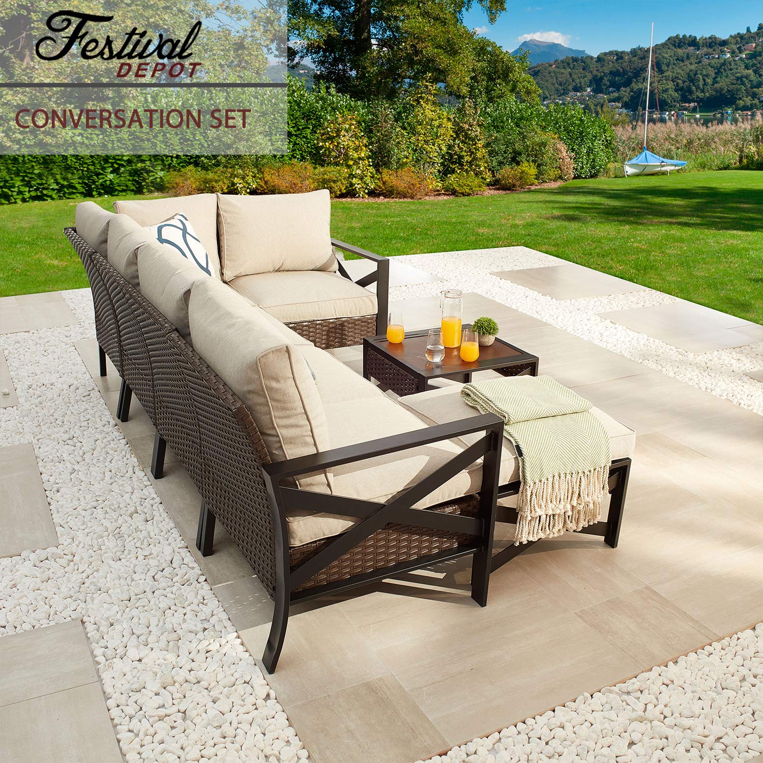 Festival Depot 7 Pieces Patio Conversation Set Outdoor Furniture Sectional Corner Sofa with All-Weather Brown PE Wicker Back Chair, Coffee Table, Ottoman and Thick Soft Removable Couch Cushions