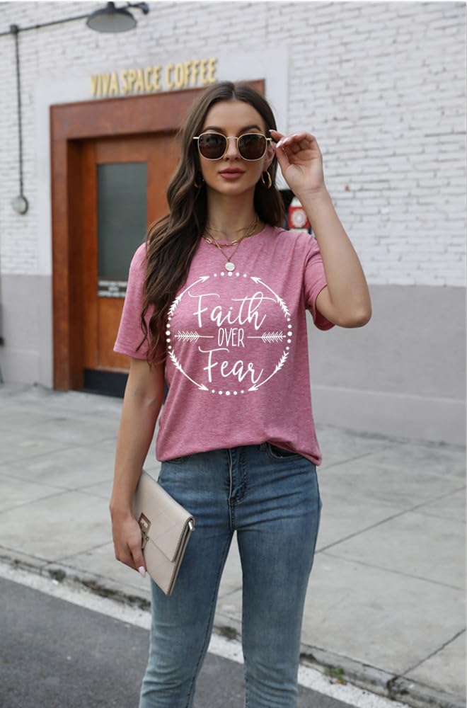 Qrupoad Womens Faith Over Fear T Shirt Summer Casual Christian Religious Inspirational Spiritual Graphic Tees Tops Pink