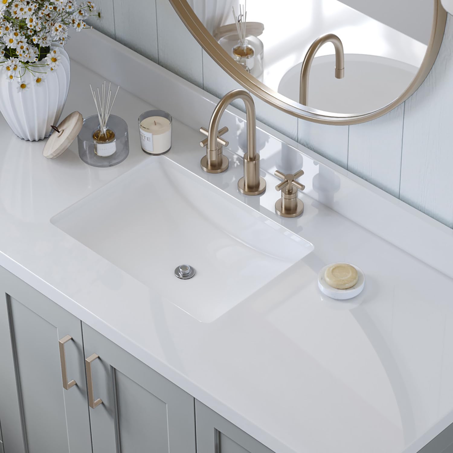 ARIEL 55" Grey Bathroom Vanity with 1.5" Edge Pure White Quartz Countertop & Backsplash, Center Rectangular Sink, 2 Soft Closing Doors, 9 Full Extension Dovetail Drawers, Toe Kick, Satin Brass