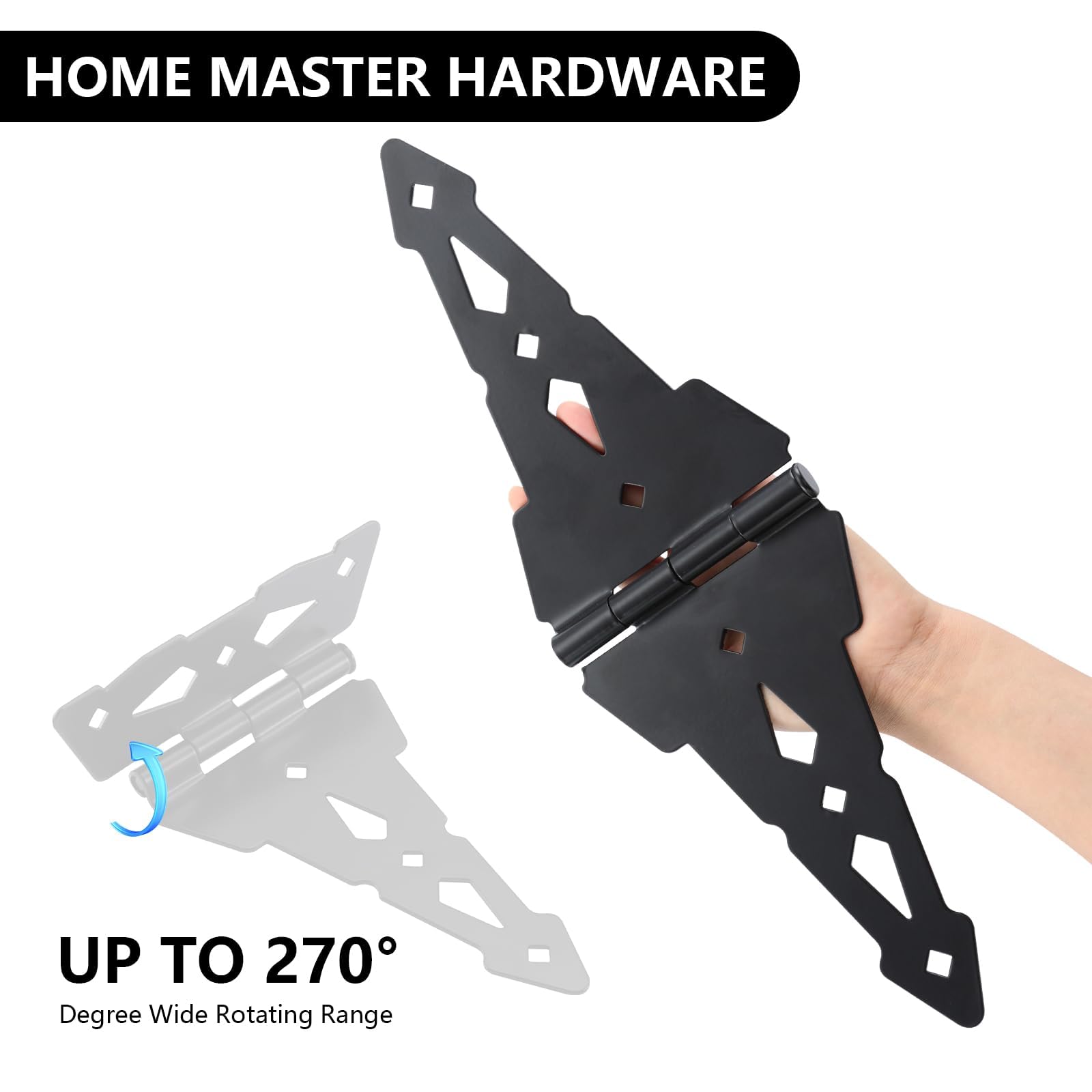 HOME MASTER HARDWARE 8 inch Gate Hinges,Heavy Duty gate Hinges,Wood Gate Hinges for Wooden Fences for patios, barn Doors, Yard gate,with Screws, Black, (6 Pack)