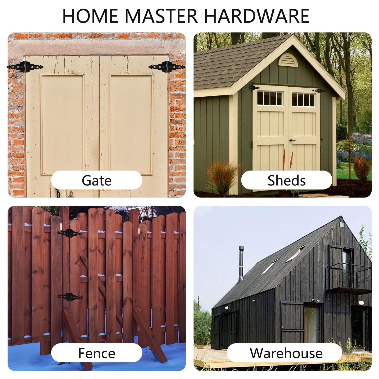 HOME MASTER HARDWARE 8 inch Gate Hinges,Heavy Duty gate Hinges,Wood Gate Hinges for Wooden Fences for patios, barn Doors, Yard gate,with Screws, Black, (6 Pack)