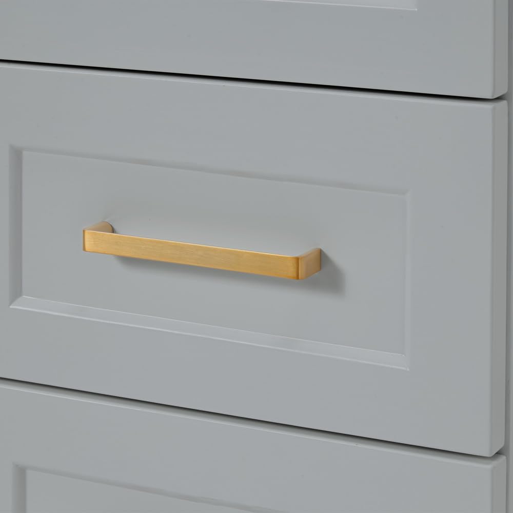 ARIEL 55" Grey Bathroom Vanity with 1.5" Edge Pure White Quartz Countertop & Backsplash, Center Rectangular Sink, 2 Soft Closing Doors, 9 Full Extension Dovetail Drawers, Toe Kick, Satin Brass