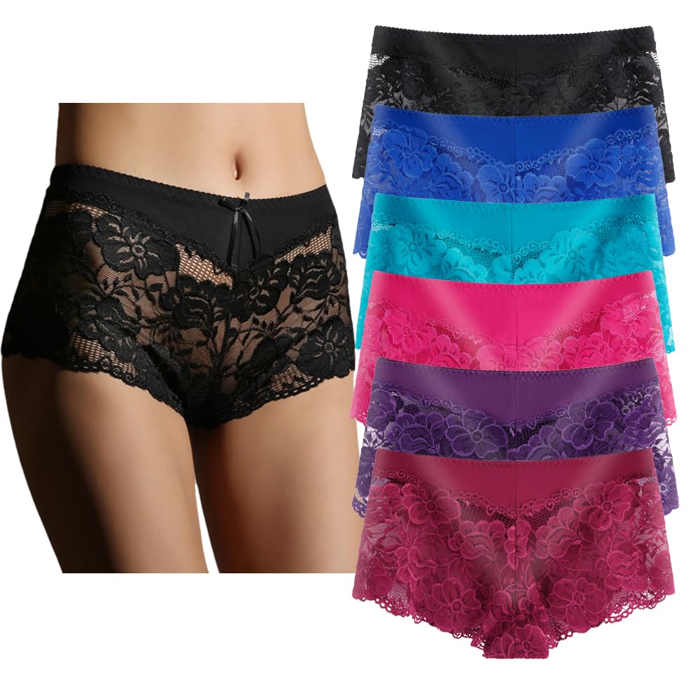 YaoKing Women's Underwear Regular & Plus Size Panties Lace Boyshort Hipster Cheeky Panty- 6 Pack (6 Pack-9144, M)