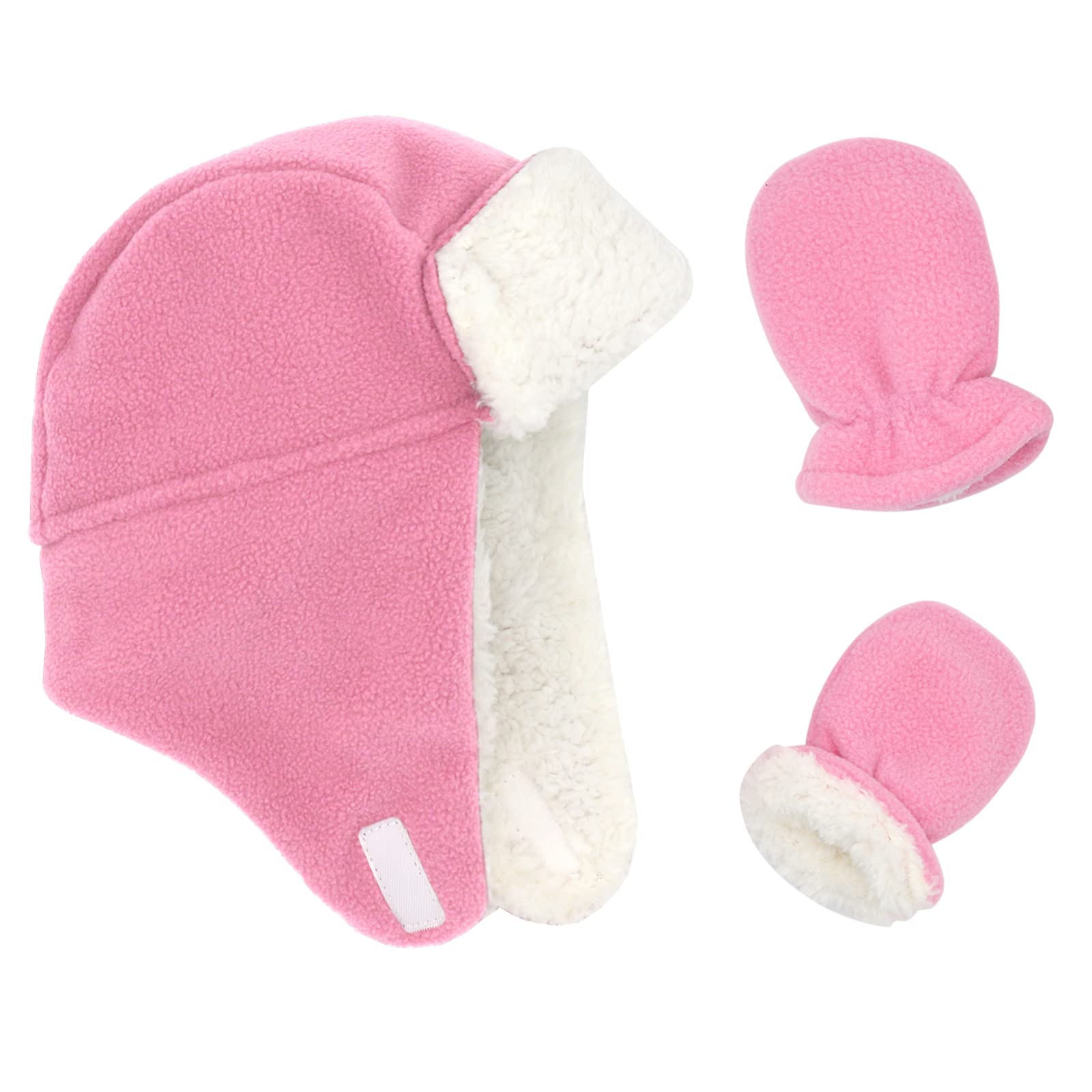 Baby Girl Winter Hat Toddler Hat and Gloves Set Baby Hats and Mittens Sherpa Lined Toddler Hats for Boys Pink 12-24 Months