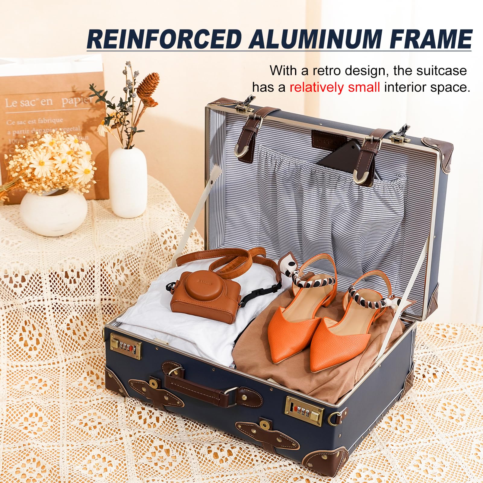 urecity Vintage and Cute Carry-on Overnight Case Non-wheeled Mini Leather Trunk Suitcase with Shoulder Strap