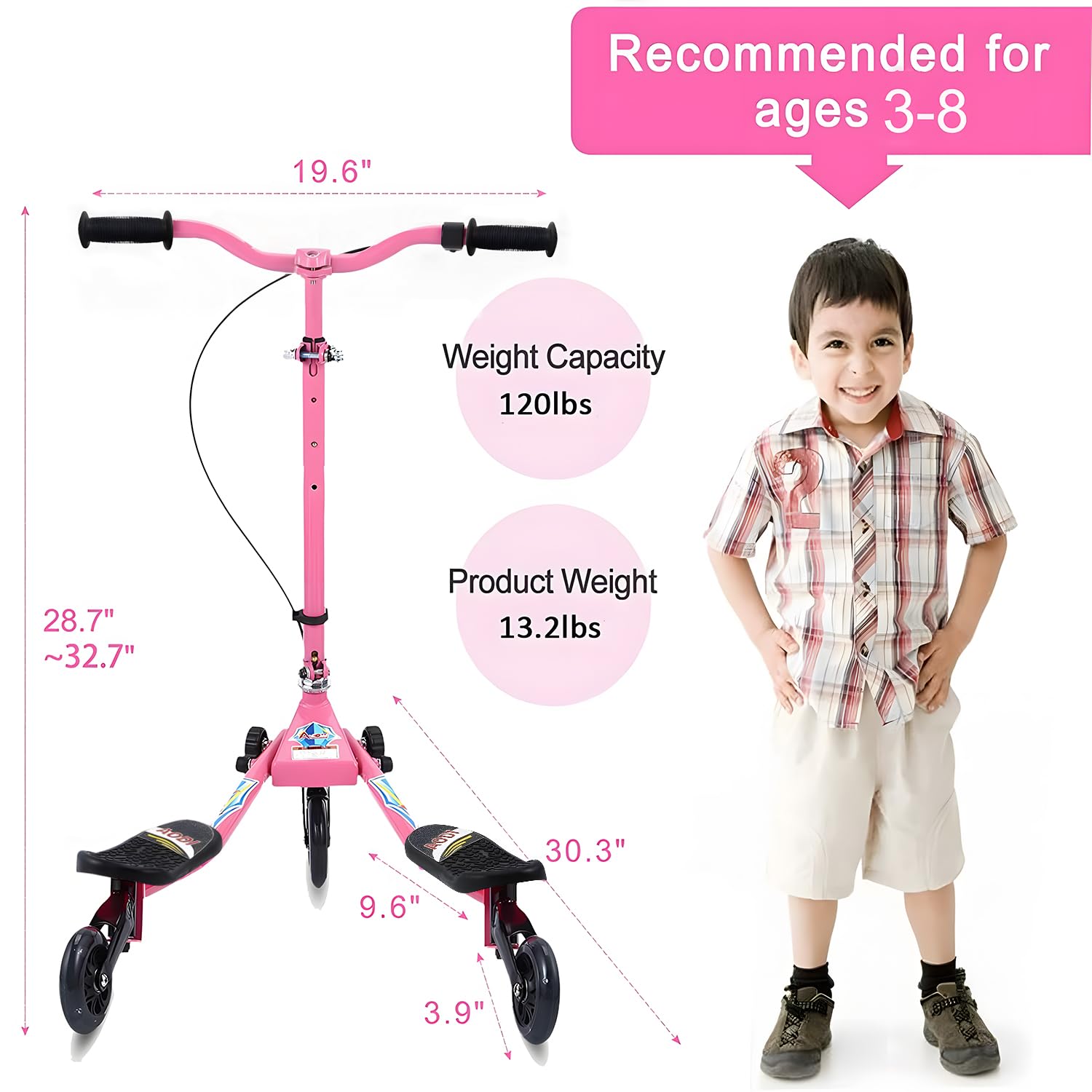 SANSIRP Swing Scooter for Kids, 3 Wheels Wiggle Scooter Foldable Self-Propelling Drift Kick Speeder Scooter with 3-Level Adjustable/LED Wheels for Boys Girls Ages 3-8