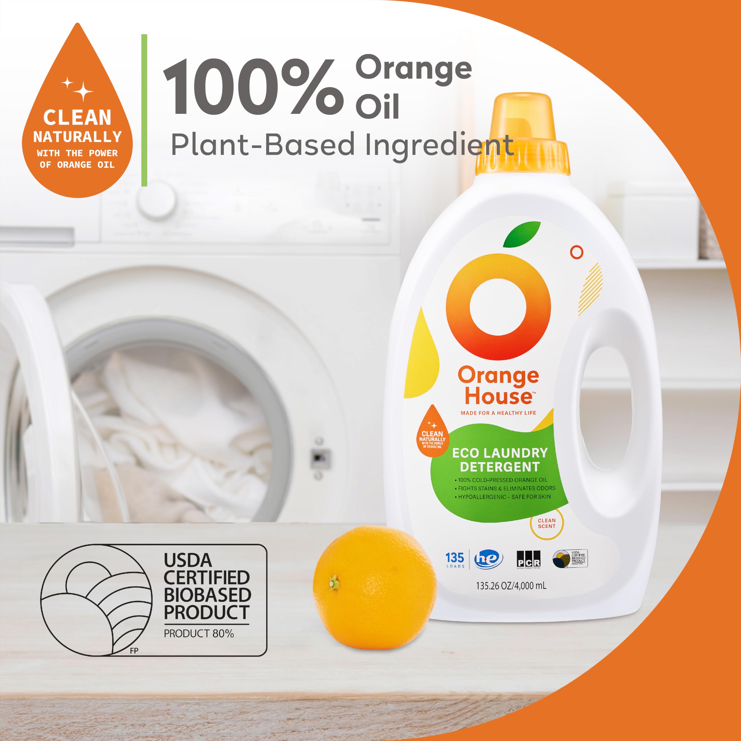 Orange House Liquid Laundry Detergent, Free and Clear, Natural Clean Laundry Detergent, Made of Orange Oil, Hypoallergenic Liquid Detergent No Harmful Chemical, 135.3 Fl Oz, HE & Standard Machine