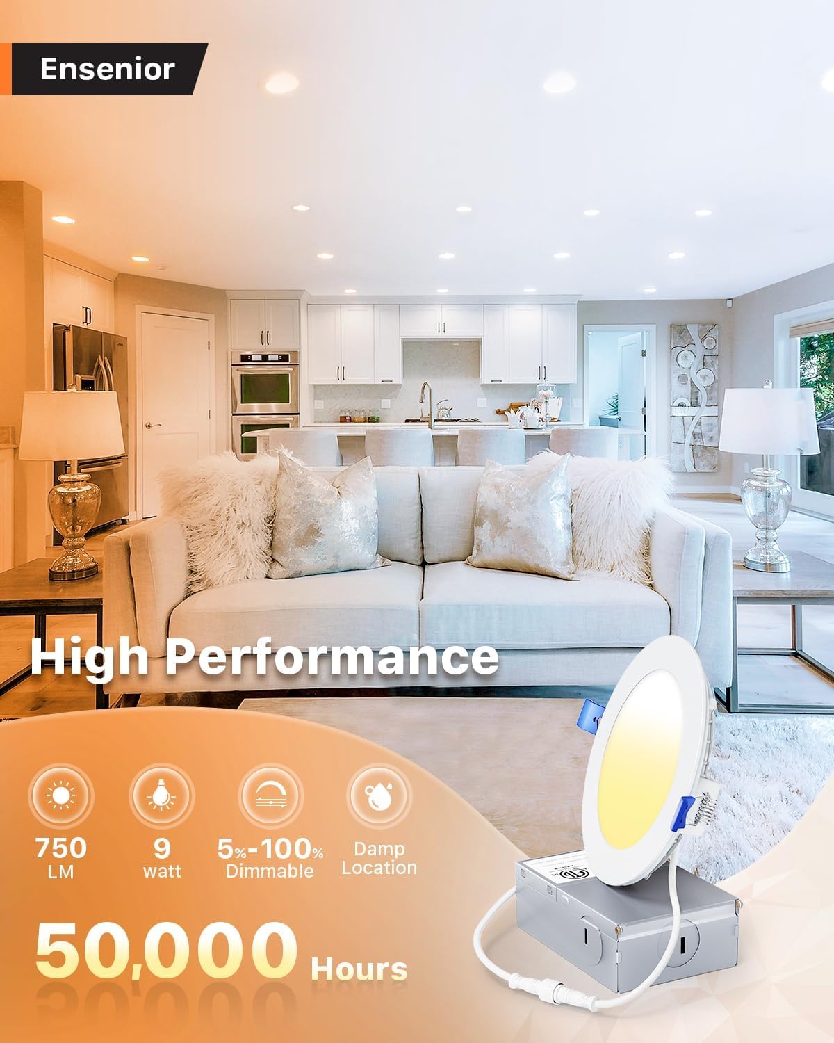 Ensenior 16 Pack 4 Inch LED Recessed Ceiling Light, Dimmable, 2700K-5000K 5CCT, 750LM 9W 120V, High Brightness Canless Wafer Downlight - ETL&FCC&IC