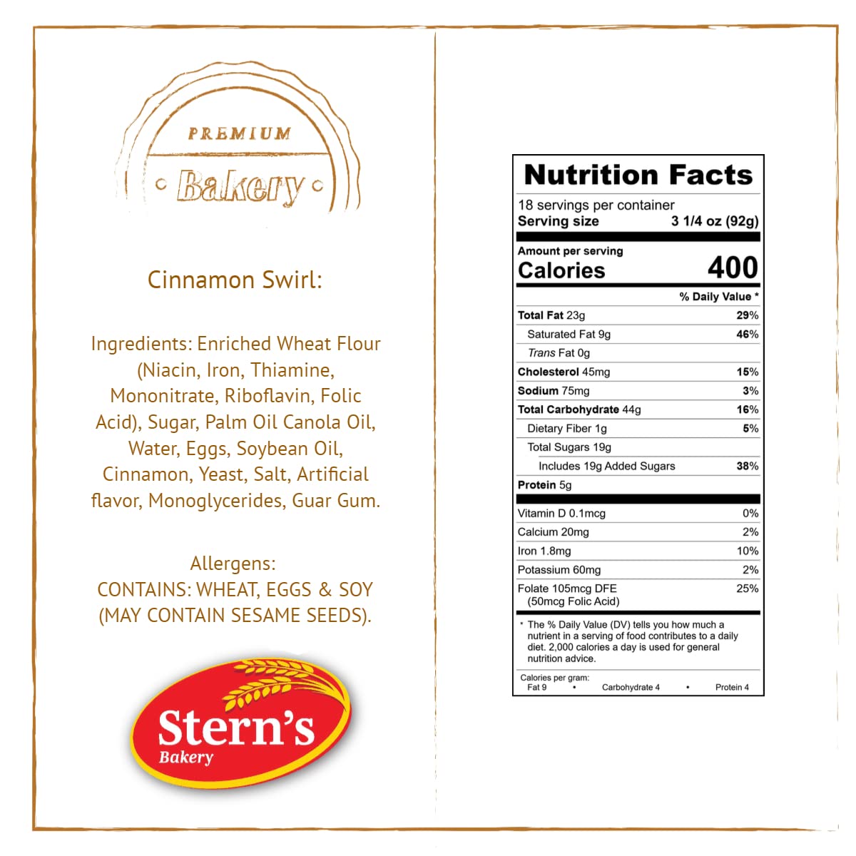 Stern’s Bakery Cinnamon Swirl | 18 Individually Wrapped Pastries | 3 Oz Breakfast Danish Pastries | Vending Machine Snacks | Lunchbox Snacks | Dairy Free | Nut Free Snack | Kosher Pastries