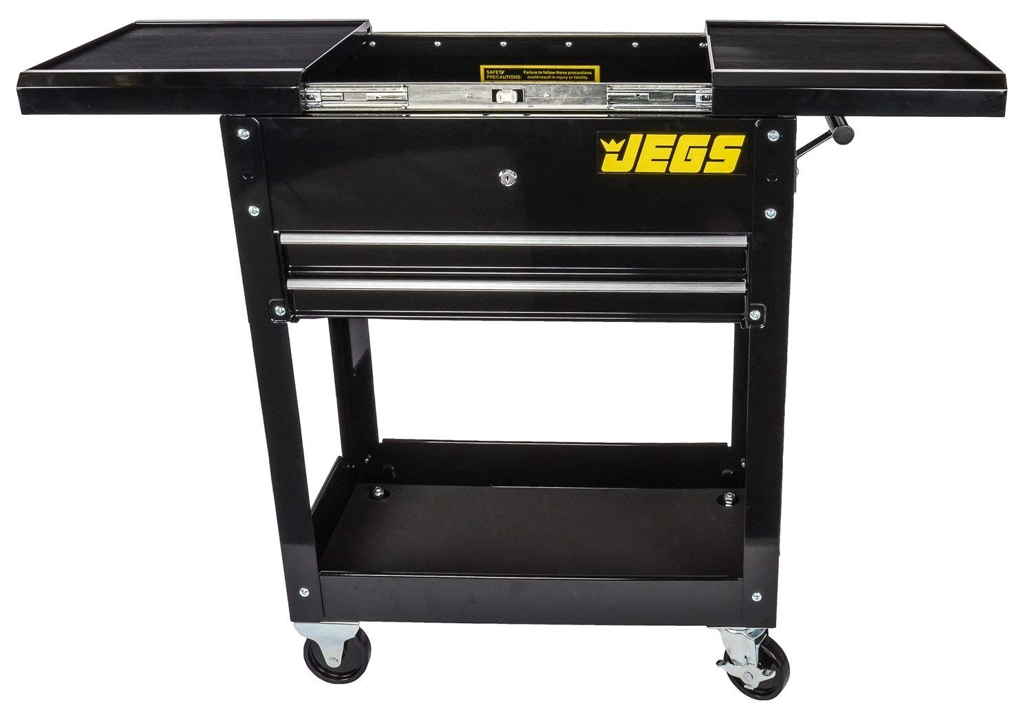 JEGS Heavy-Duty Tool Box Cart | 220 LBS Capacity | Uses Four 4” Caster Wheels | Includes 2 Keyes and 6 Drawer Liners | Black with JEGS Logo | 2 Locking Drawers | Sliding Top