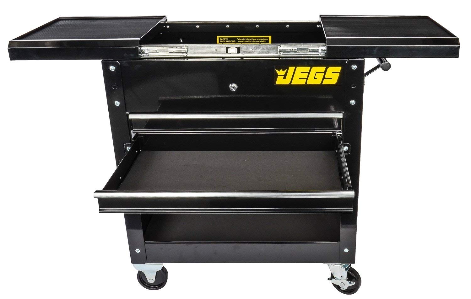 JEGS Heavy-Duty Tool Box Cart | 220 LBS Capacity | Uses Four 4” Caster Wheels | Includes 2 Keyes and 6 Drawer Liners | Black with JEGS Logo | 2 Locking Drawers | Sliding Top
