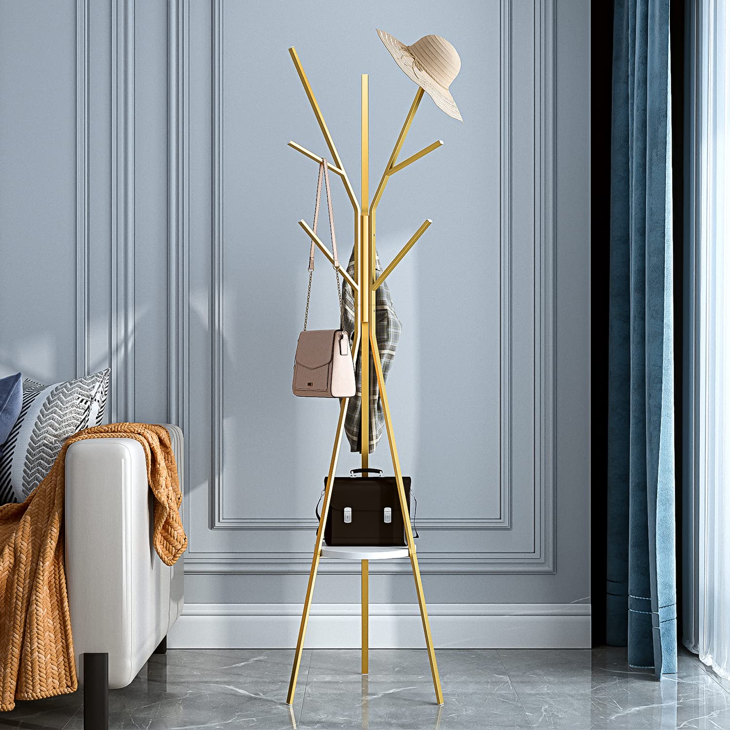 IOTXY Metal Coat Rack Tree - 71 inches Tall Floor Standing Clothing Hanger with Wooden Shelf and 9 Hooks for Handbag Jacket Scarf Rack, Gold