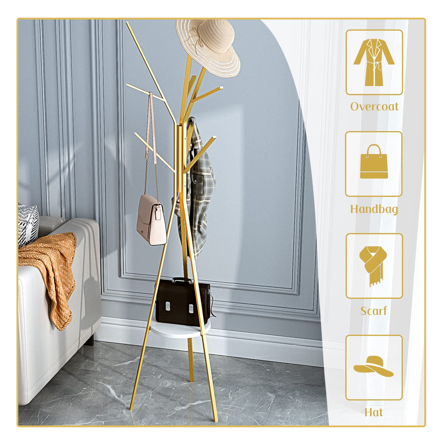 IOTXY Metal Coat Rack Tree - 71 inches Tall Floor Standing Clothing Hanger with Wooden Shelf and 9 Hooks for Handbag Jacket Scarf Rack, Gold