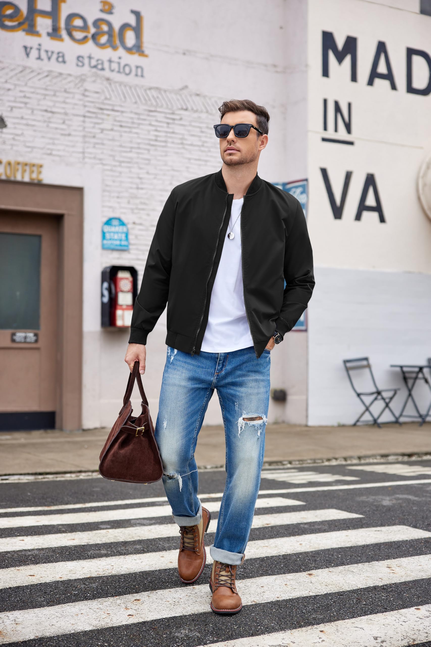 COOFANDY Men Black Bomber Jacket Lightweight Casual Softshell Flight Windbreaker Outerwear Coat Black L