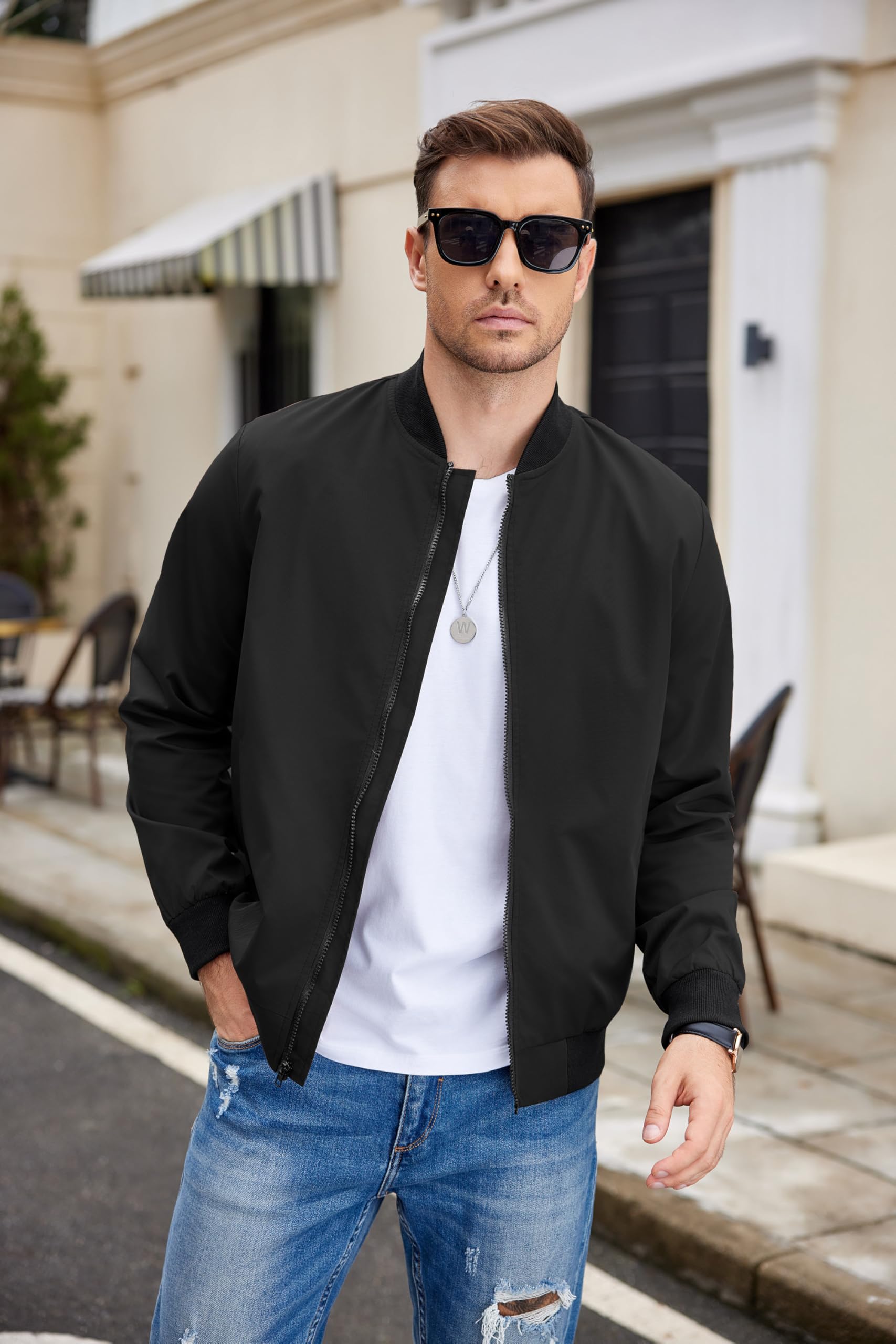 COOFANDY Men Black Bomber Jacket Lightweight Casual Softshell Flight Windbreaker Outerwear Coat Black L