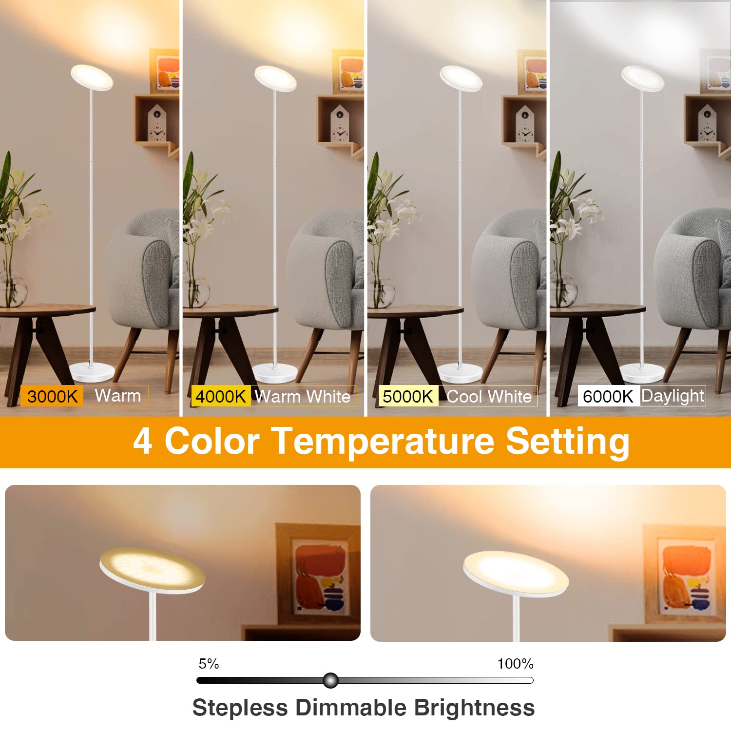 OUTON Floor Lamp, 30W/3000LM LED Modern Torchiere Sky Lamp, Bright Dimmable Standing Tall Lamp with 4 Color Temperatures, Remote Touch Control, 1 Hour Timer for Living Room Bedroom Office, White