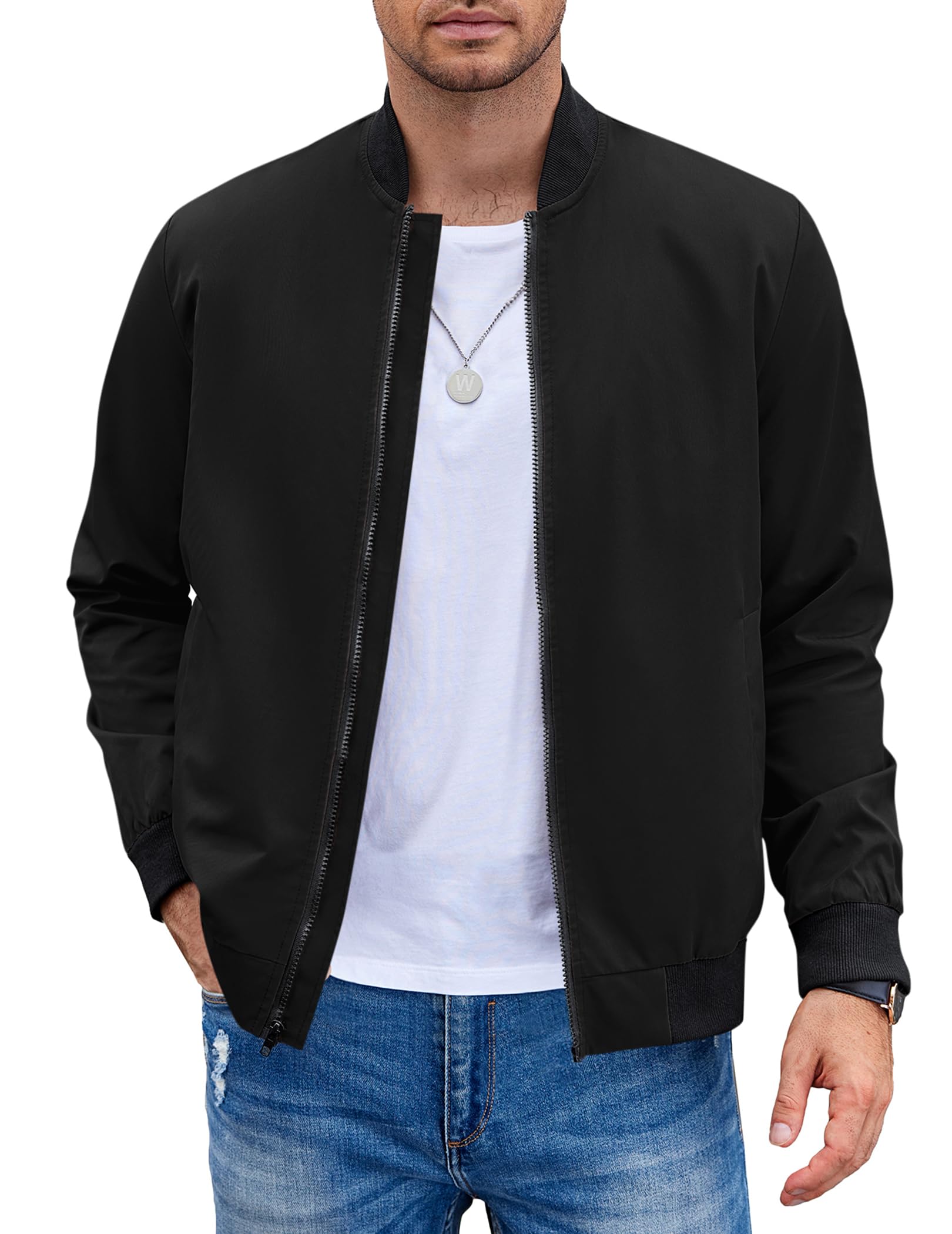 COOFANDY Men Black Bomber Jacket Lightweight Casual Softshell Flight Windbreaker Outerwear Coat Black L