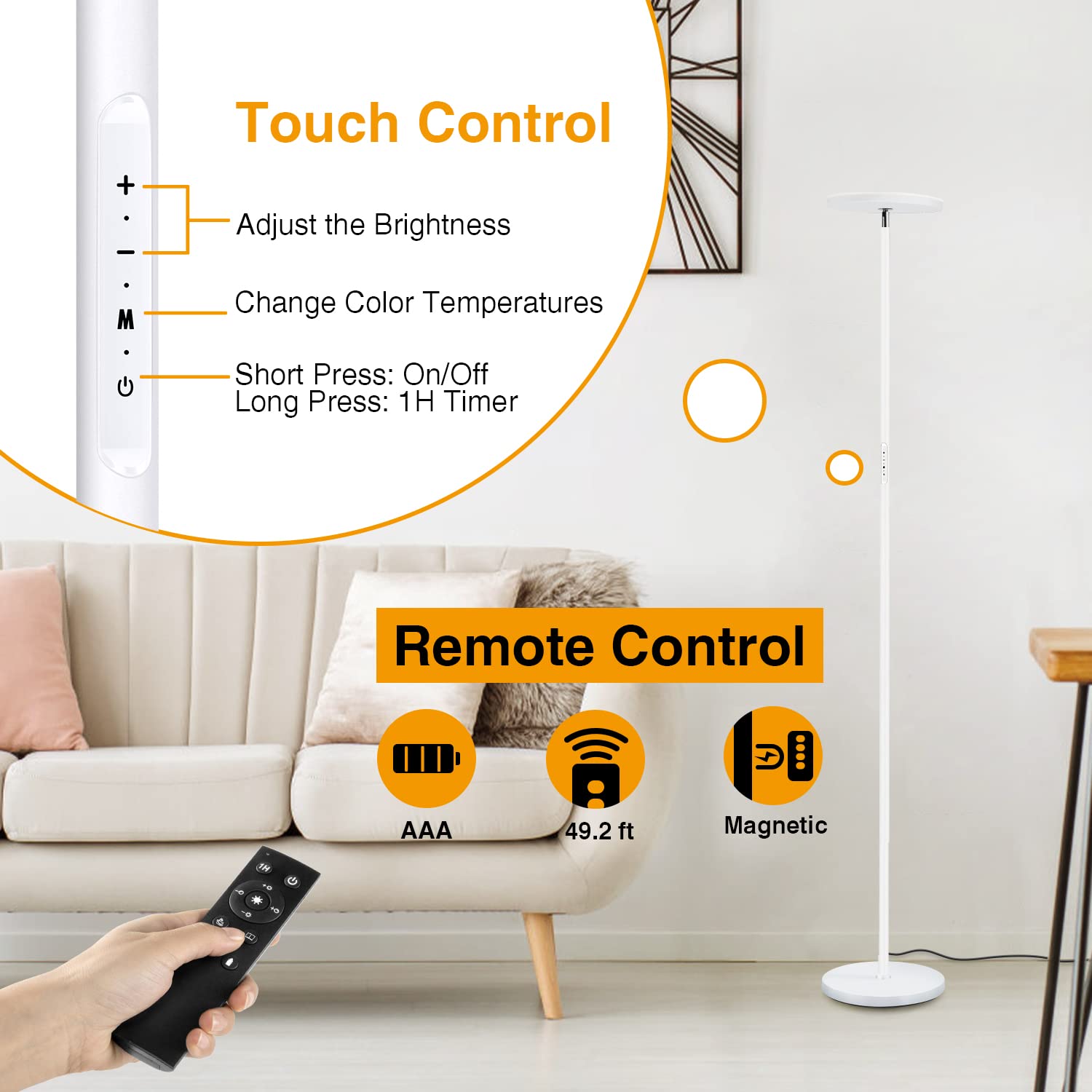 OUTON Floor Lamp, 30W/3000LM LED Modern Torchiere Sky Lamp, Bright Dimmable Standing Tall Lamp with 4 Color Temperatures, Remote Touch Control, 1 Hour Timer for Living Room Bedroom Office, White