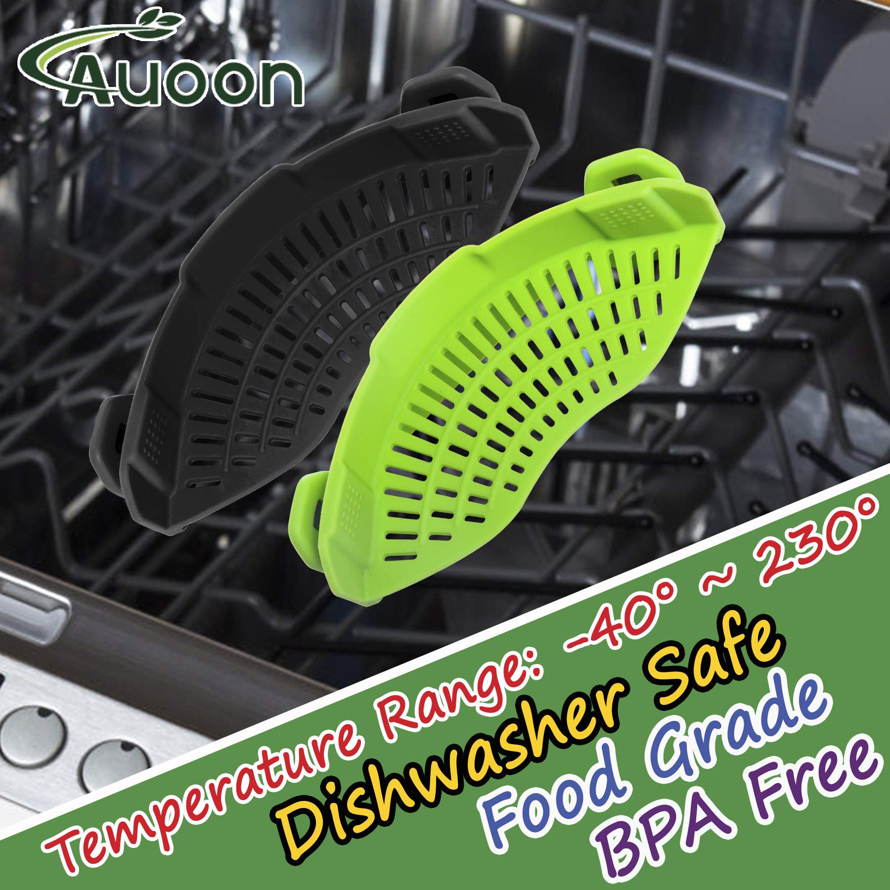 AUOON Clip on Strainer for pots Pans,2PACK,Heat Resistant Silicone, Easy to Use and Store, Dishwasher Safe,BlackGreen
