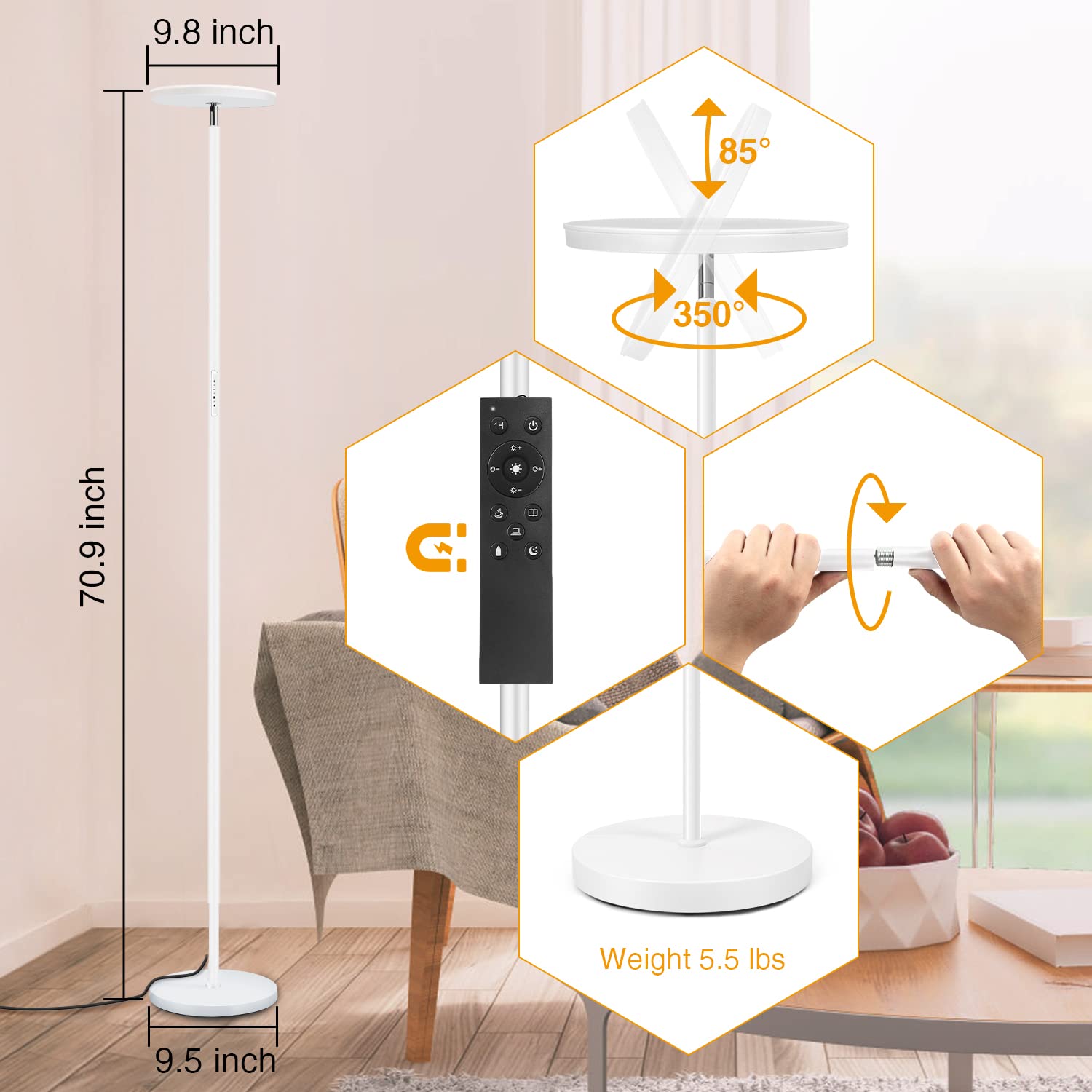 OUTON Floor Lamp, 30W/3000LM LED Modern Torchiere Sky Lamp, Bright Dimmable Standing Tall Lamp with 4 Color Temperatures, Remote Touch Control, 1 Hour Timer for Living Room Bedroom Office, White