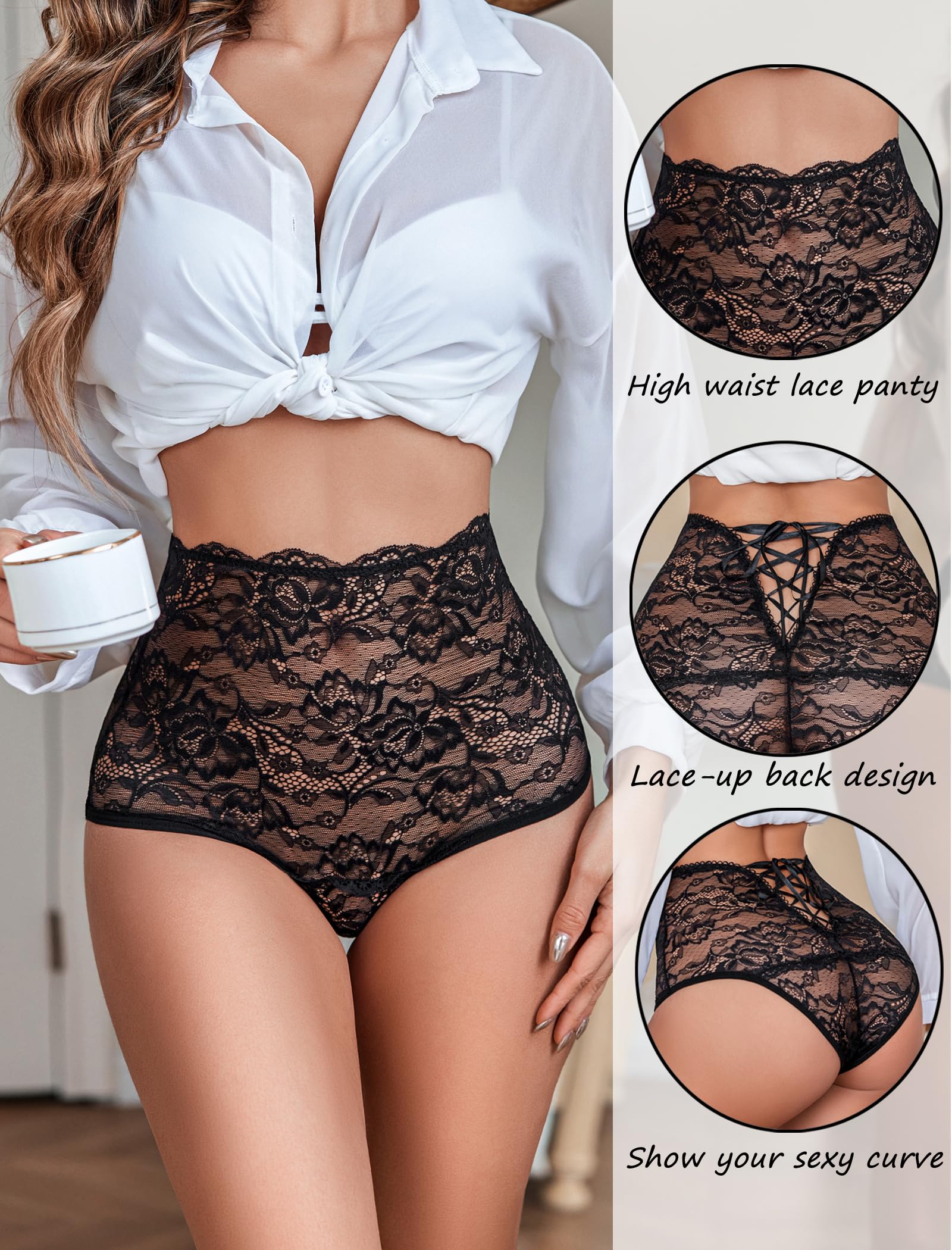 Avidlove Womens Underwear plus size High-Waisted Strappy Ladies panty lace panties Black