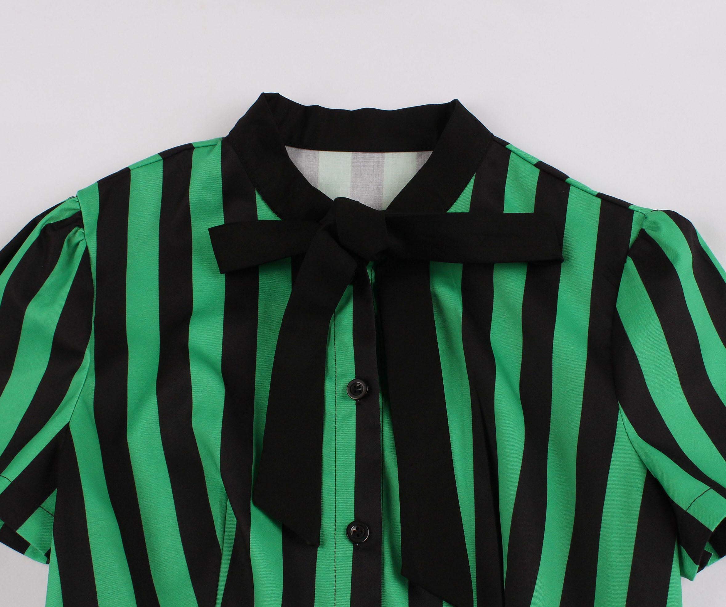 Wellwits Women's Tie Neck Halloween Gothic Black and Green Stripe Vintage Dress M