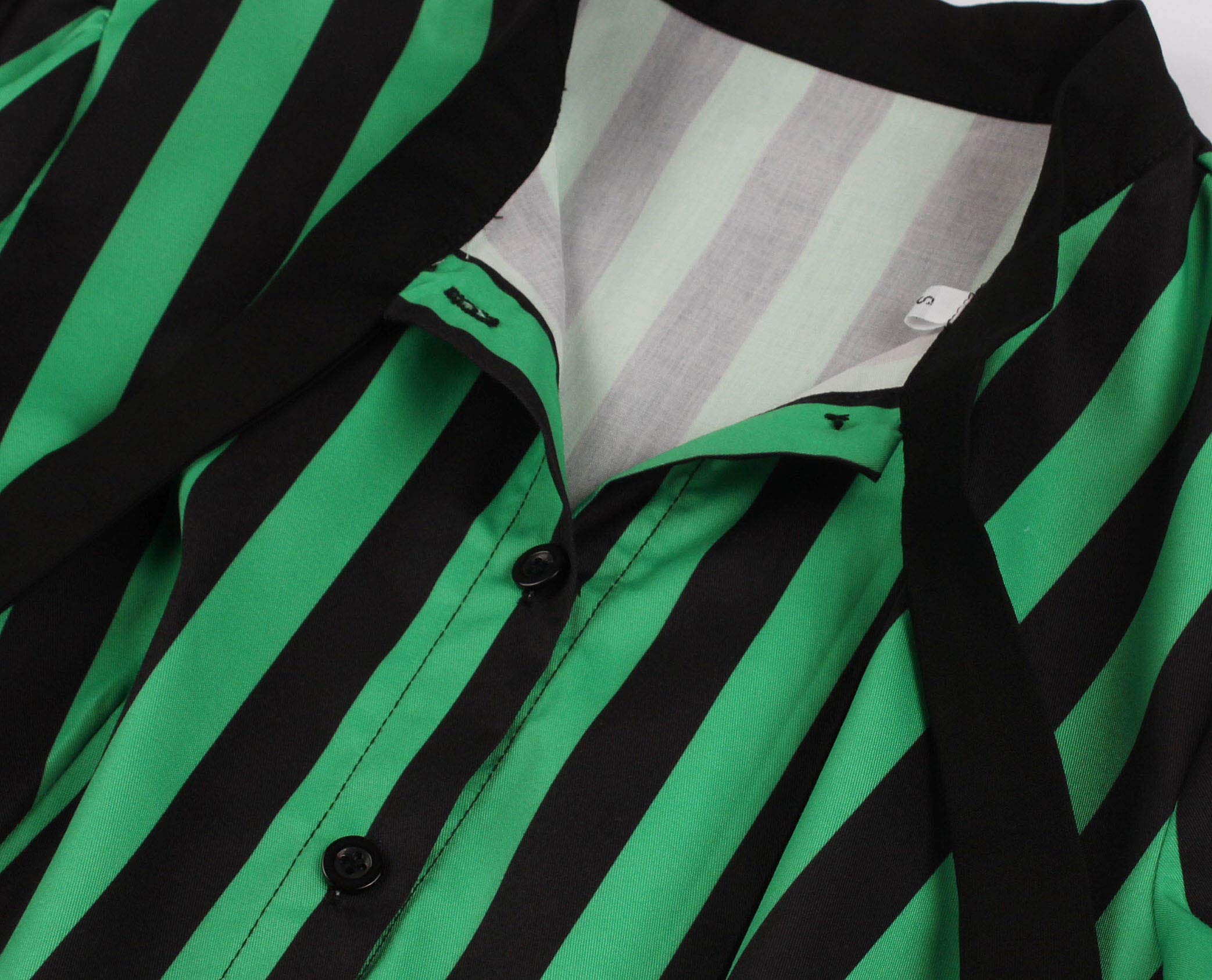 Wellwits Women's Tie Neck Halloween Gothic Black and Green Stripe Vintage Dress M