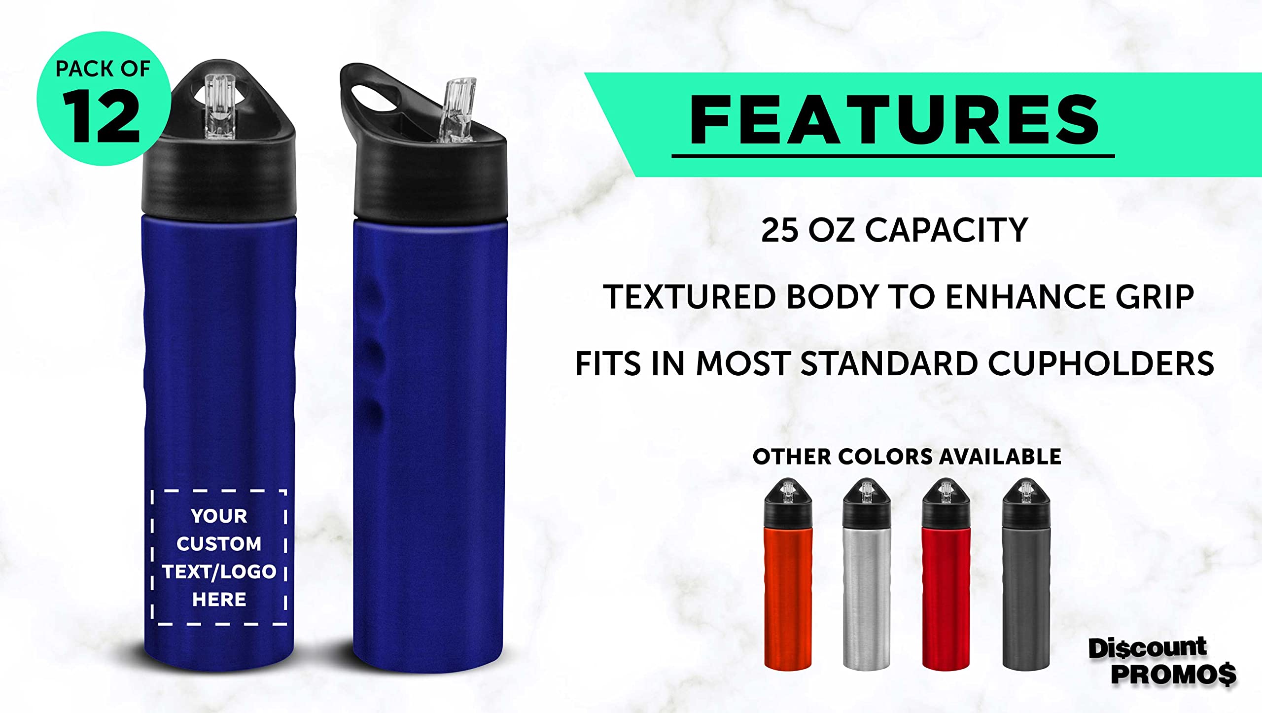 DISCOUNT PROMOS Custom Slim Stainless Steel Water Bottles 25 oz, 12 pack, Personalized Text, Logo, Reusable Gym Sports Bulk Pack, Blue