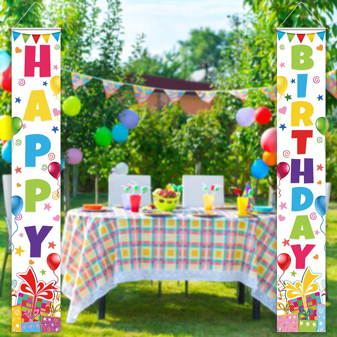 Allenjoy Happy Birthday Theme Porch Signs Hanging Wall Door Banner for Newborn Kids Decorations Polyester Wrinkle Free Outdoor Indoor 11.8x70.9 Inch Home Decor Events Front Yard Party Supplies 2PCS