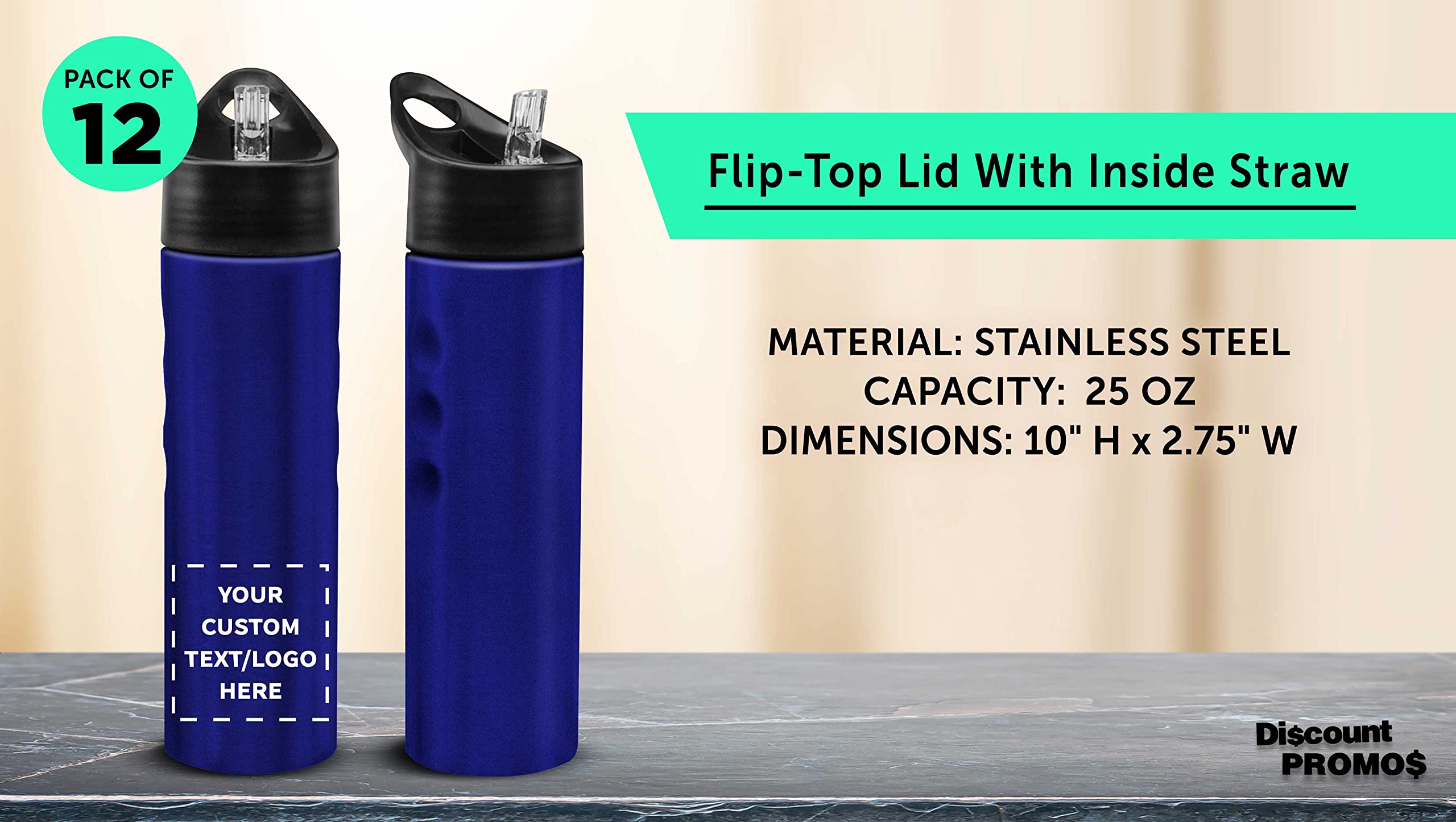 DISCOUNT PROMOS Custom Slim Stainless Steel Water Bottles 25 oz, 12 pack, Personalized Text, Logo, Reusable Gym Sports Bulk Pack, Blue