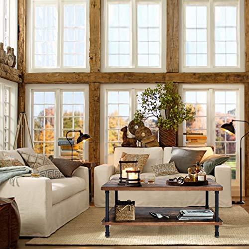 Giantex Retro Coffee Table W/Thick Tabletop, Industrial Steel Pipe Legs & 2-Tier Storage Shelf Accent Table for Living Room, Reception Room, Easy Assembly Center Table, Rustic Brown