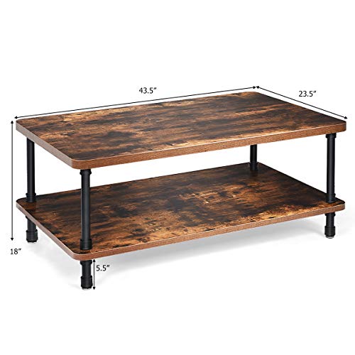 Giantex Retro Coffee Table W/Thick Tabletop, Industrial Steel Pipe Legs & 2-Tier Storage Shelf Accent Table for Living Room, Reception Room, Easy Assembly Center Table, Rustic Brown